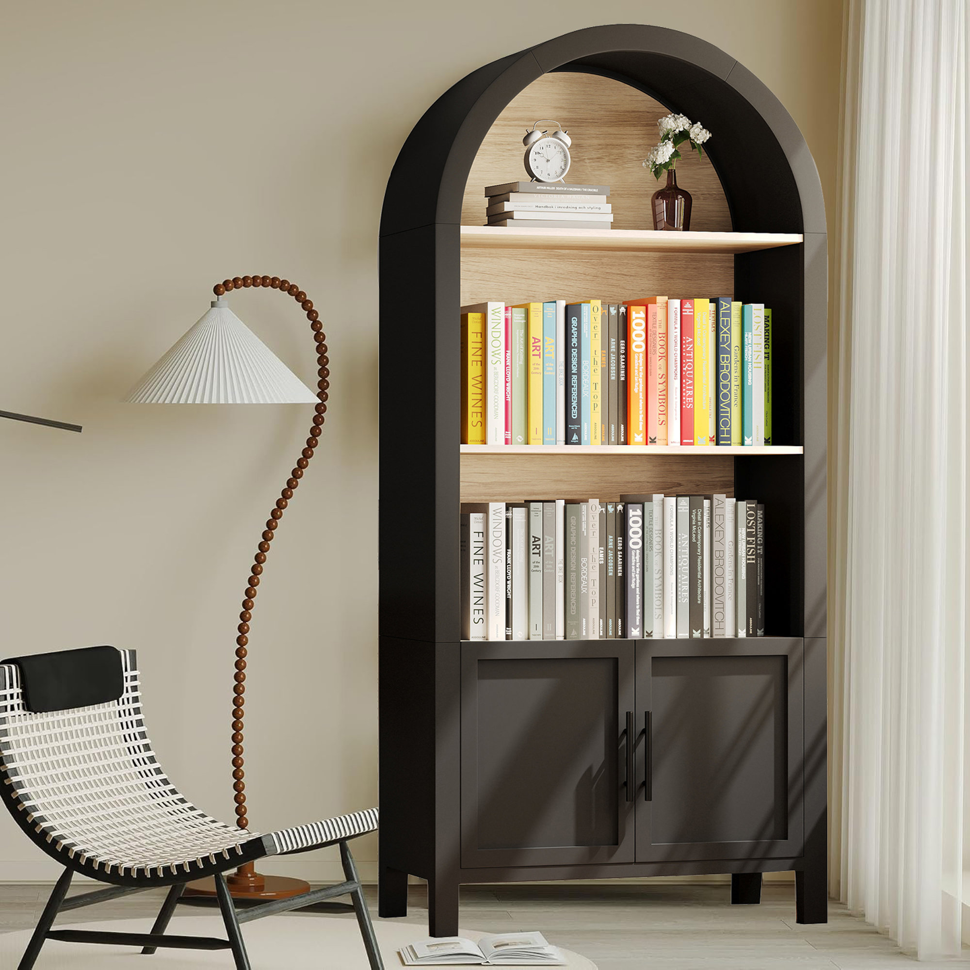 Lark Manor Tall Mid-Century Modern Arched Bookcase With Storage And ...