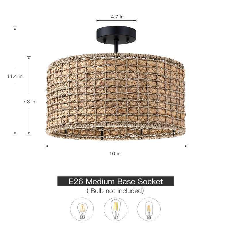 Bay Isle Home™ Stutz 16in. 3-light Rattan Drum Semi-flush Mount Ceiling ...