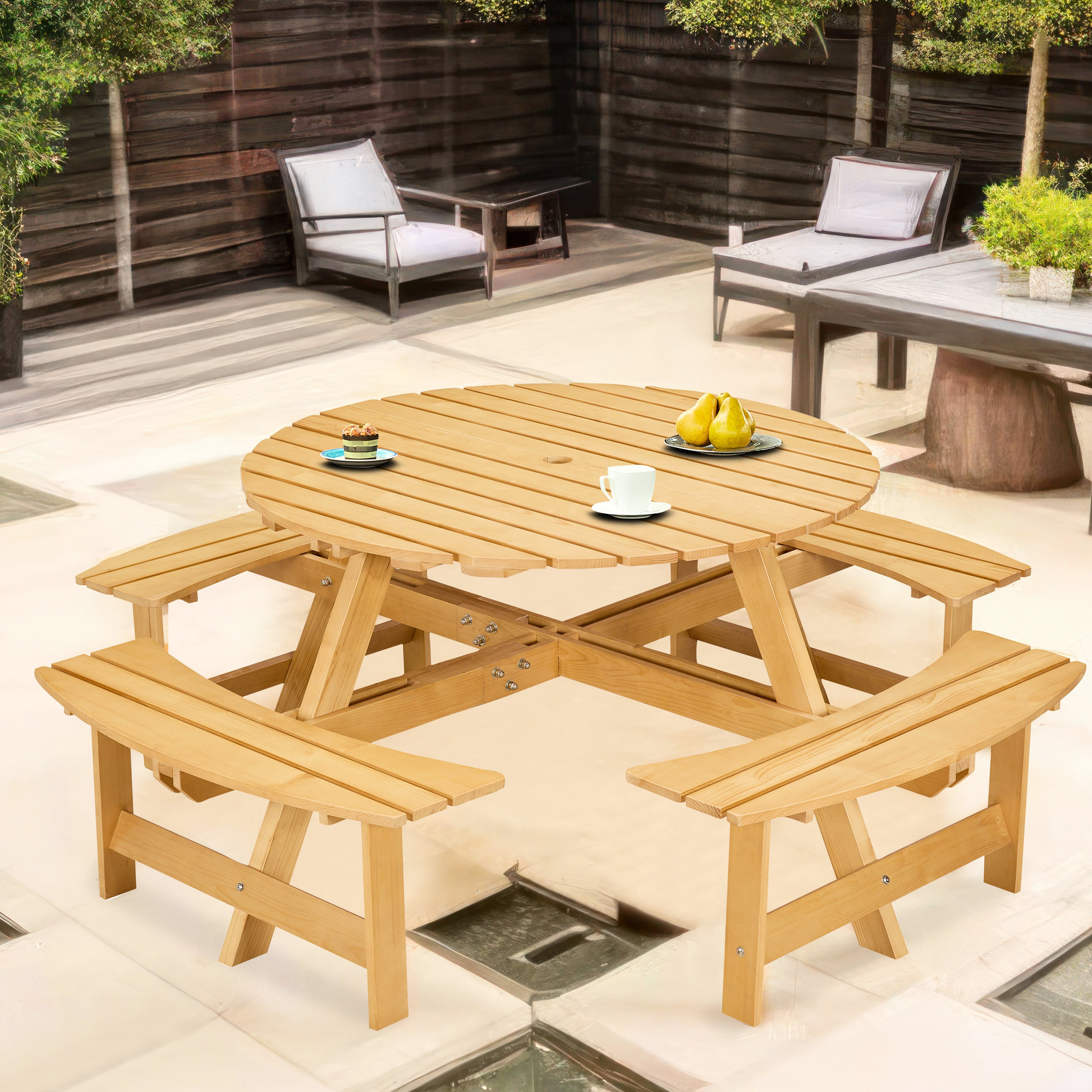 Latitude Run® Outdoor Picnic Table For 8 People. 4 Built-In Benches ...