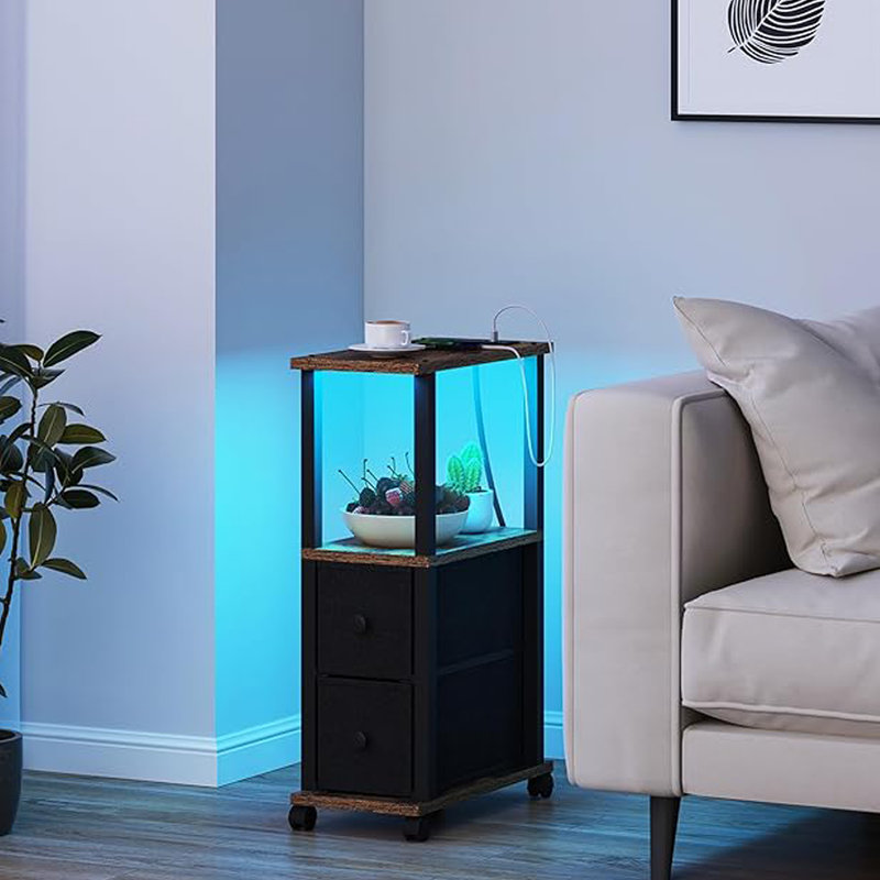 17 Stories Set of Two Small Narrow End Tables with LED Lighting and ...
