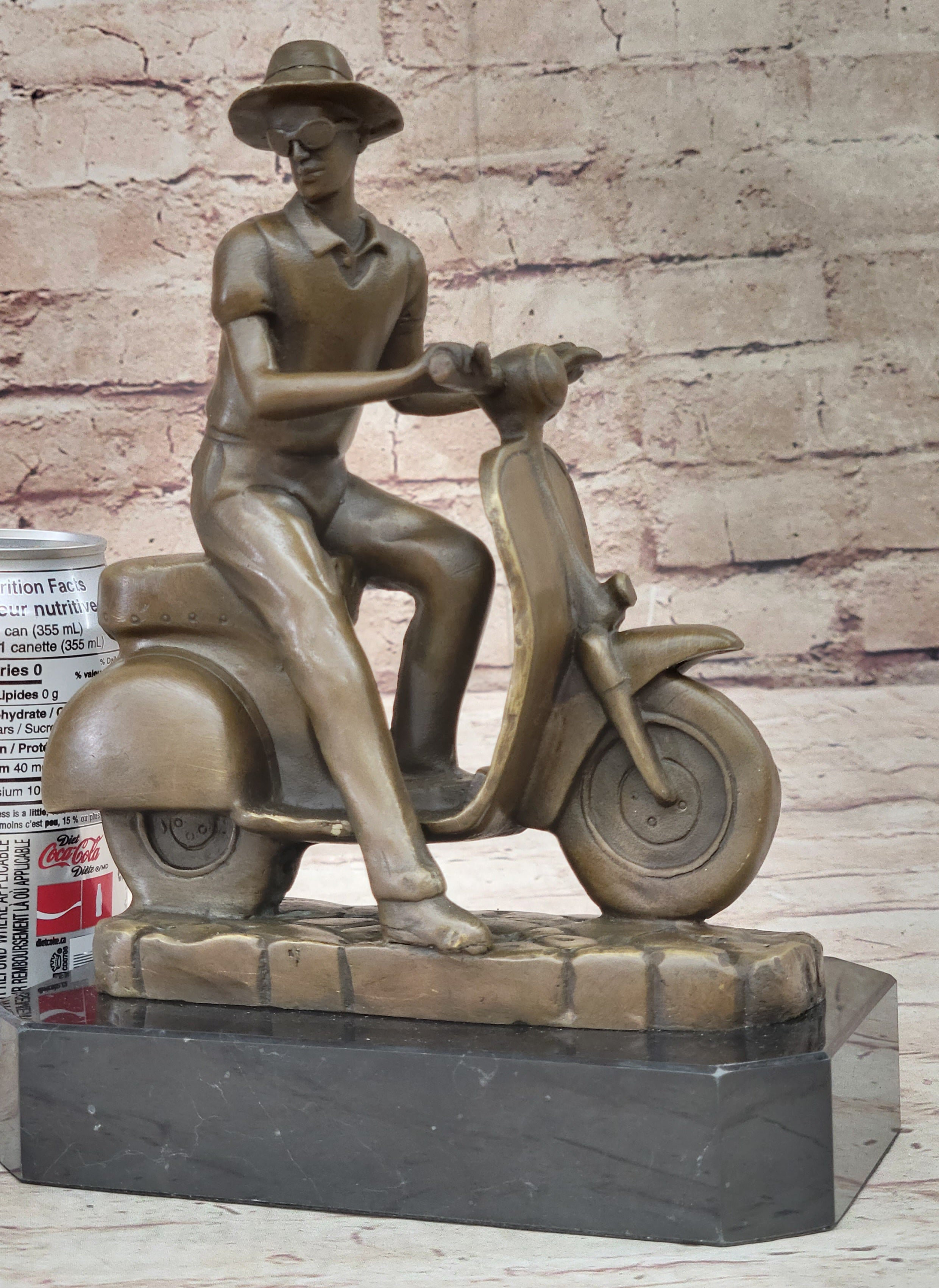 Red Barrel Studio® Zekeria Man Riding Moped Bike Solid Bronze Sculpture ...