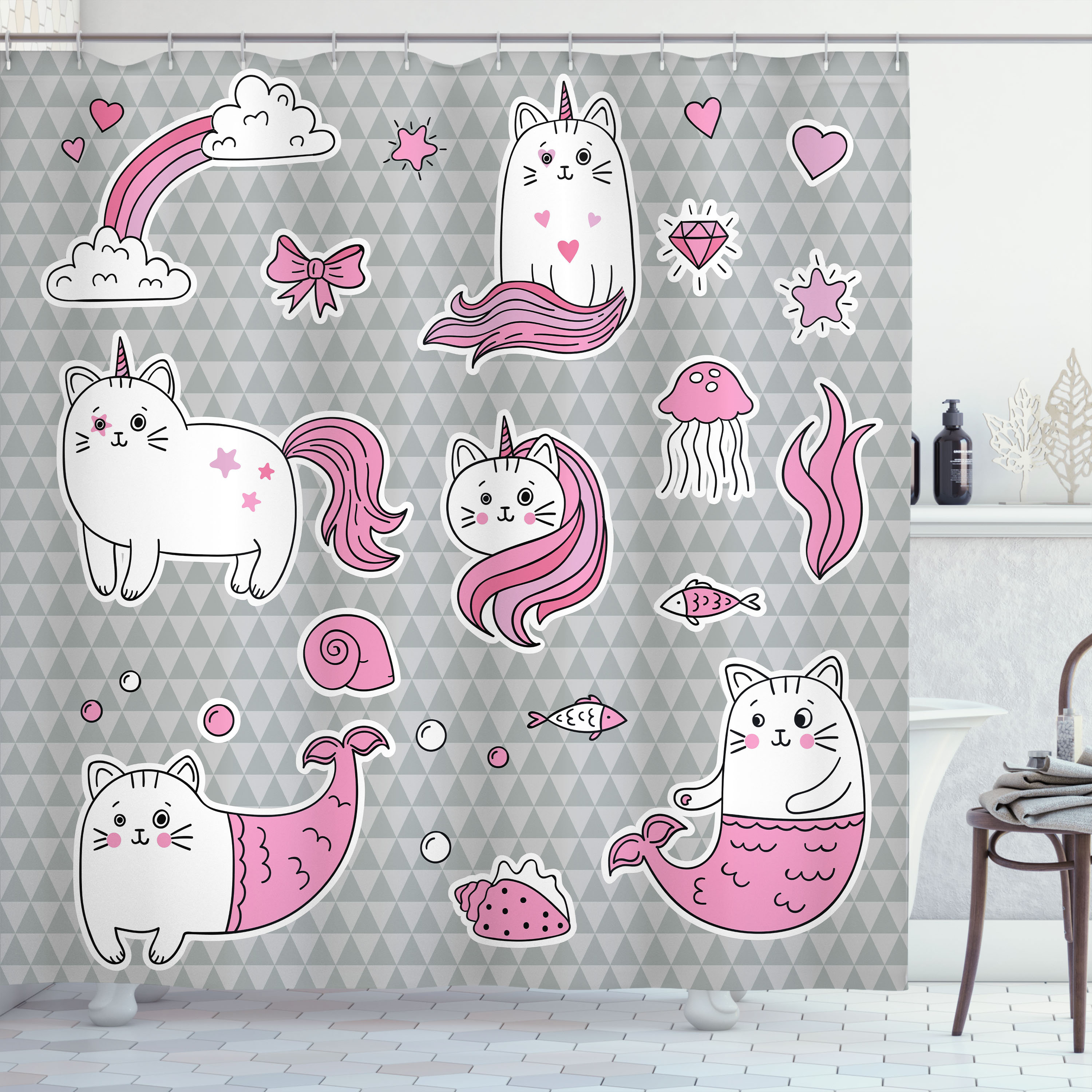 Ambesonne Unicorn Cat Shower Curtain Mermaid Cat Grey Pale Pink White ...