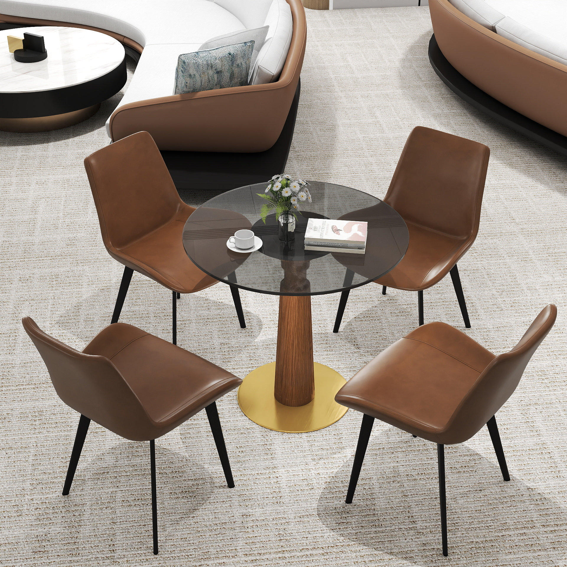 Jose 5-Piece Modern Round Glass Conference Table Set With 4 Leather ...