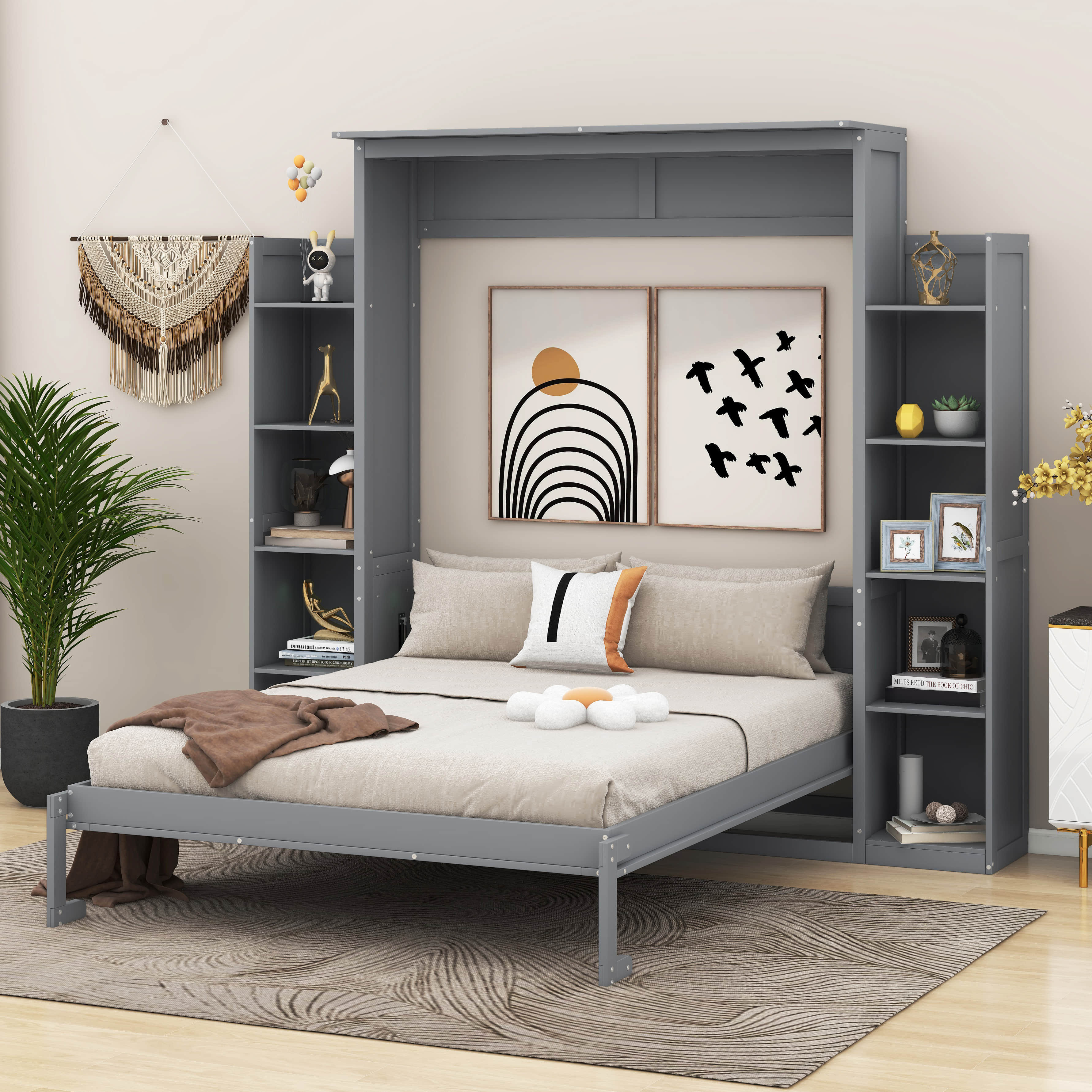 Wildon Home® Dreddy Queen Size Murphy Bed, Wall Bed with Shelves and ...