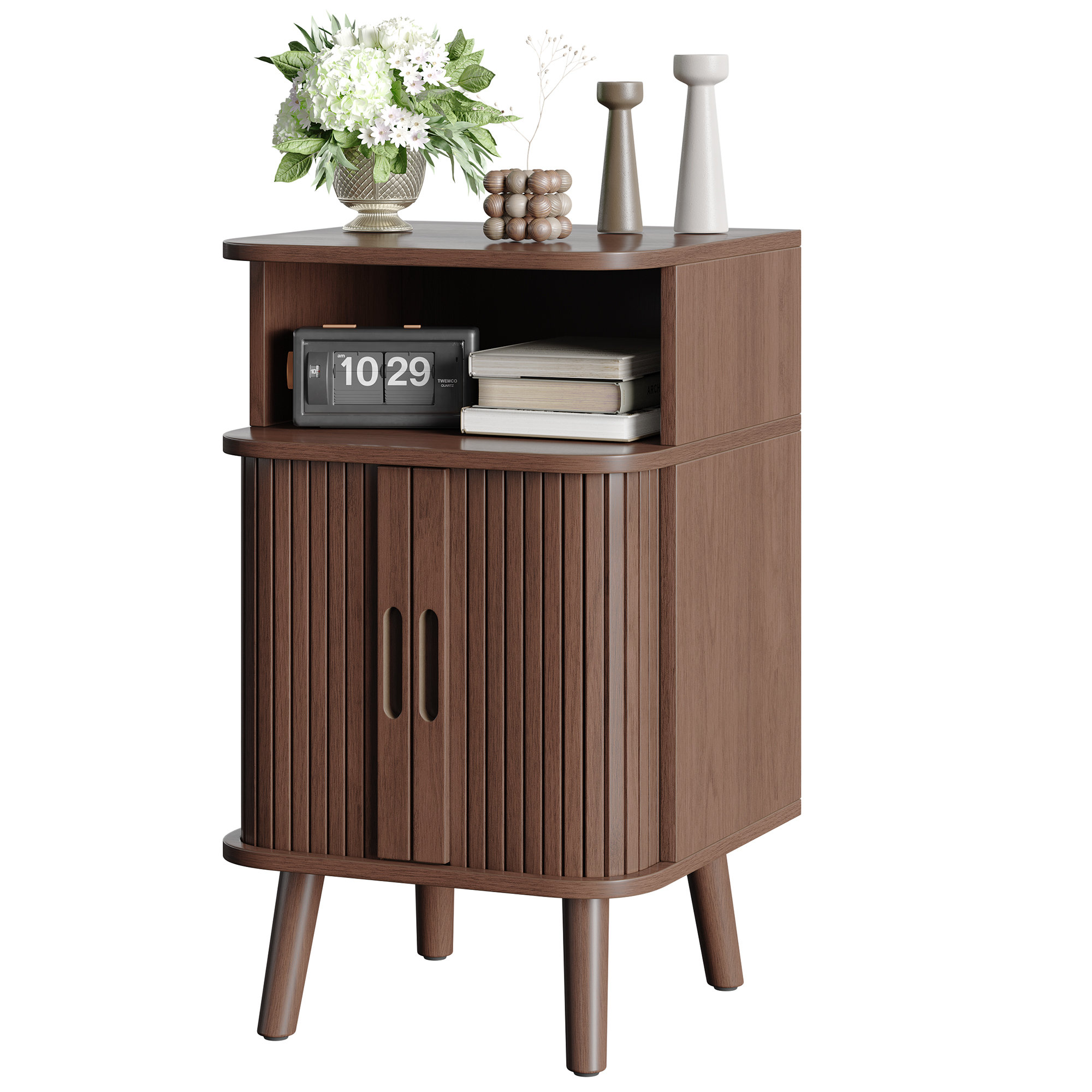 George Oliver Mid Century Modern Nightstand, Fluted End Table With Open ...