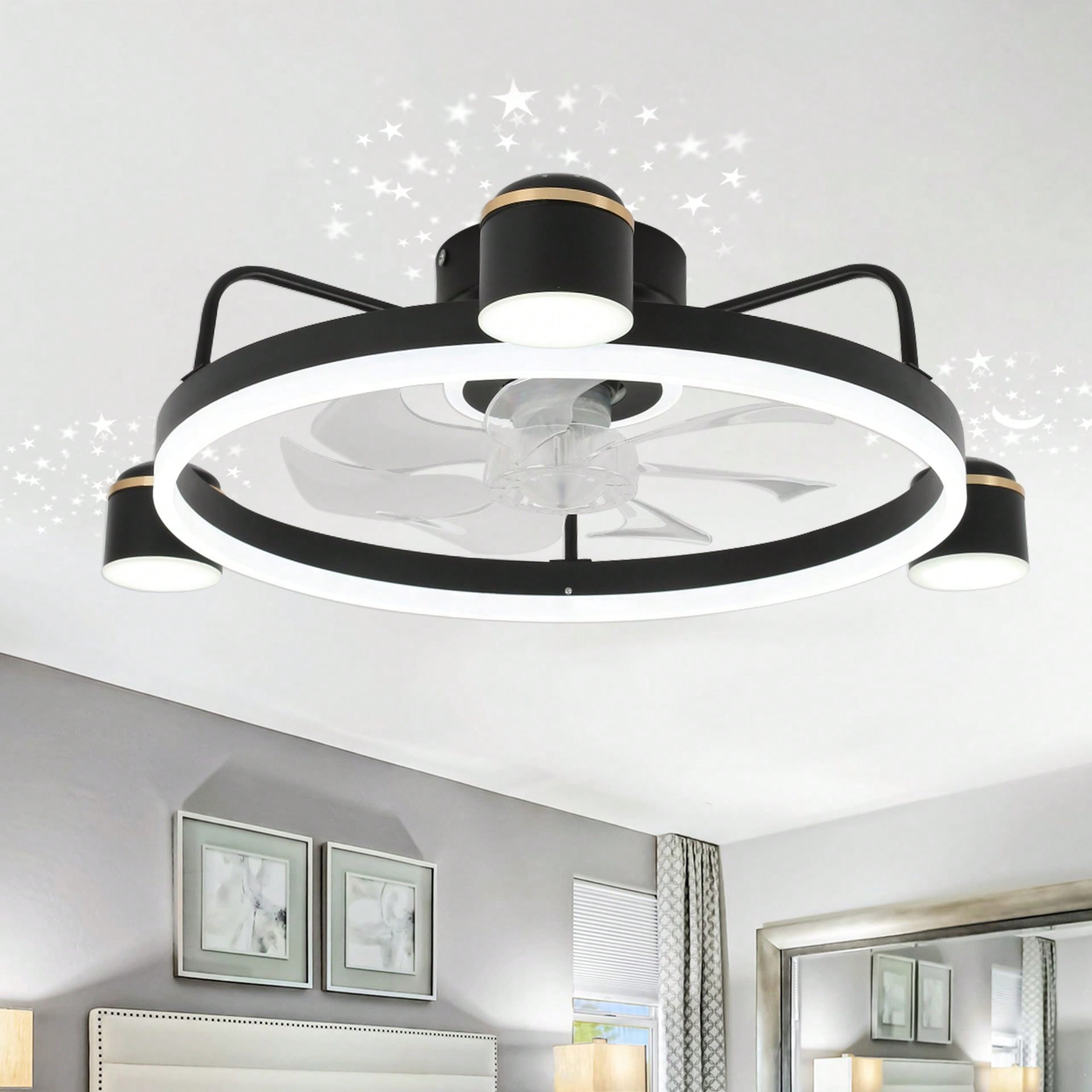 Wrought Studio™ 28In. Modern Flush Mount Ceiling Fan With Starry Lights ...