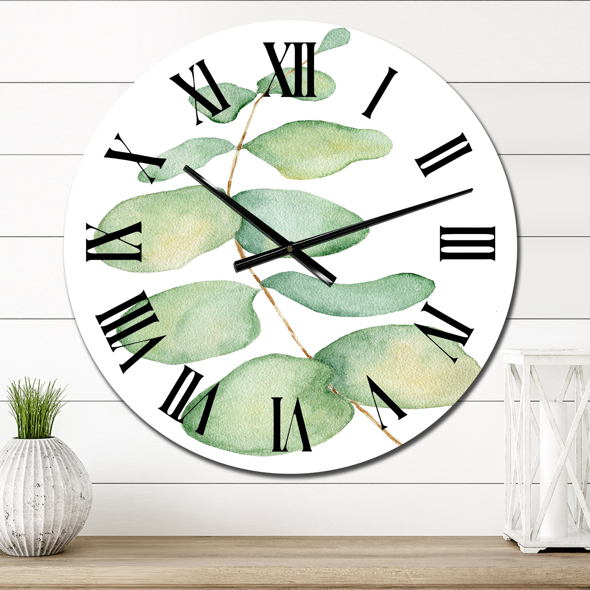 East Urban Home Eucalyptus Branch on White III - Tropical Wall Clock ...