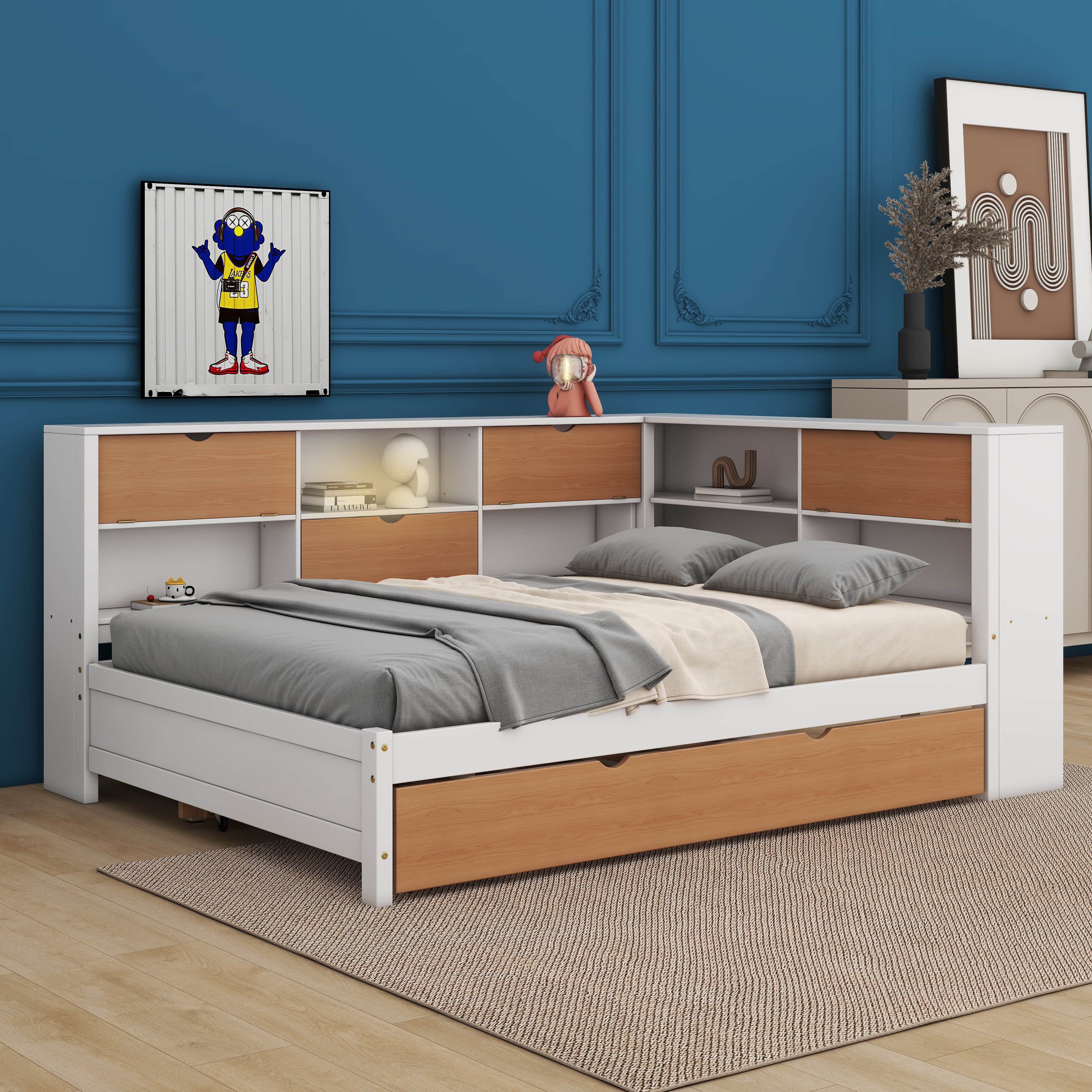 Latitude Run® Full Size L-Shaped Bed Frame With Trundle And And ...