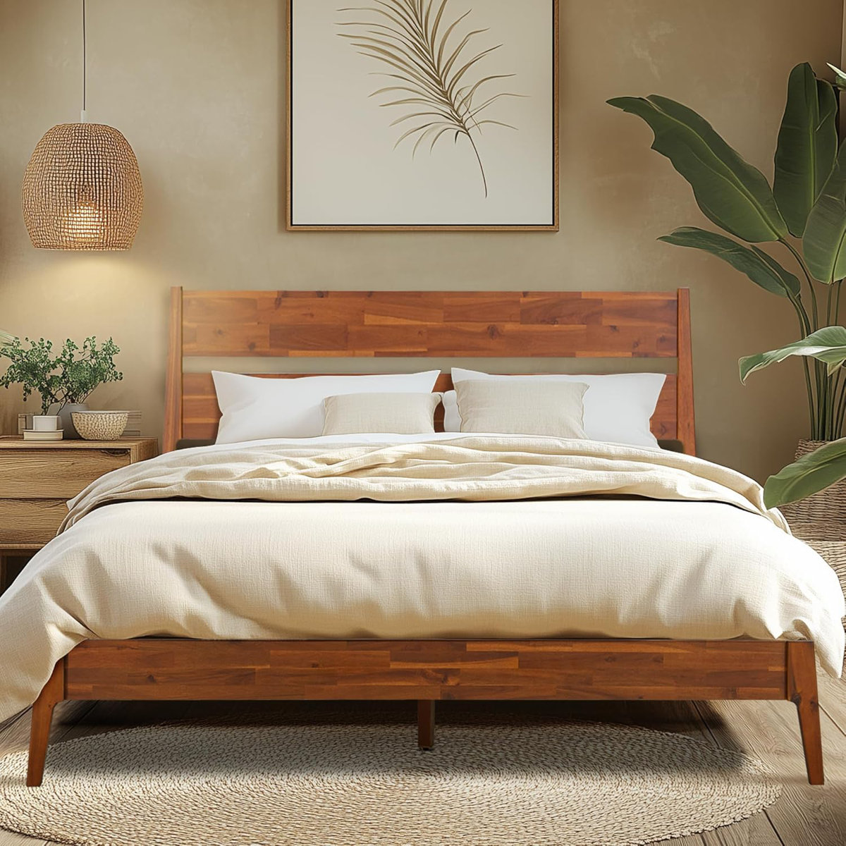 Acacia Callisto Solid Wood Bed Frame with Headboard, 800 lbs Capacity ...