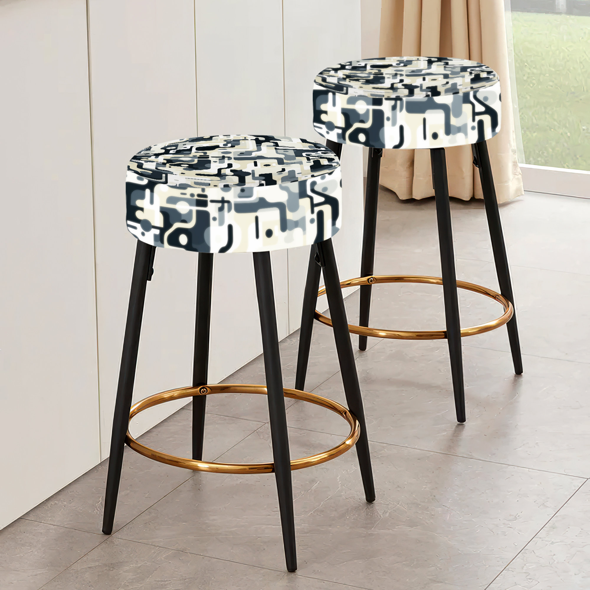 Design Art Beige And Grey Urban Maze - Geometric Bar Stools Set Of 2 ...