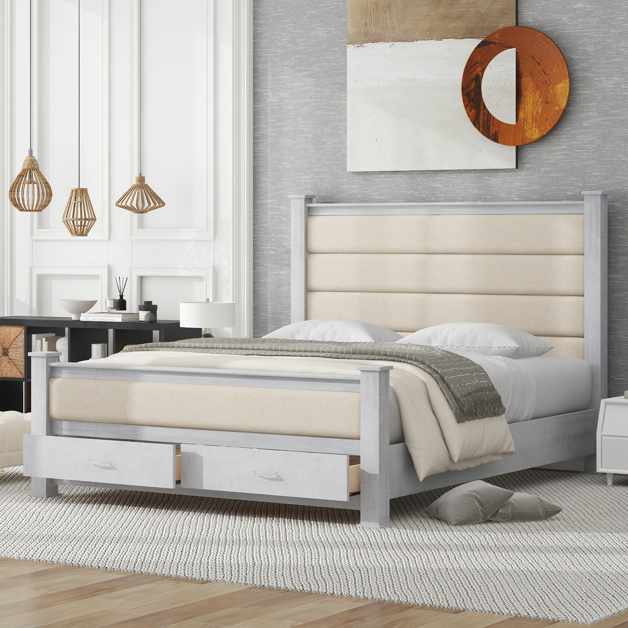 Red Barrel Studio® Queen Size Wood Frame Platform Bed with Upholstered ...