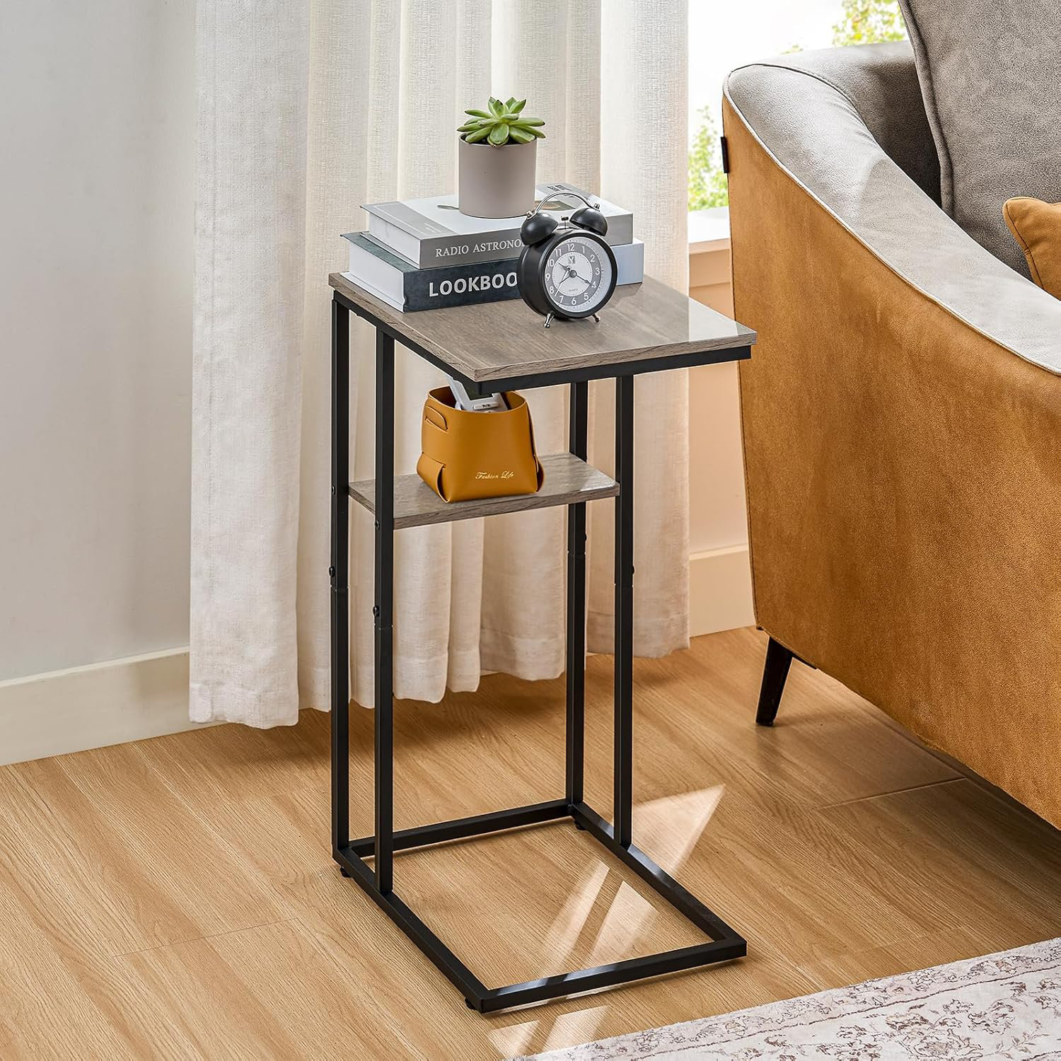 17 Stories C Shaped End Table Set Of 2, Gray Wood C Tables With Double ...