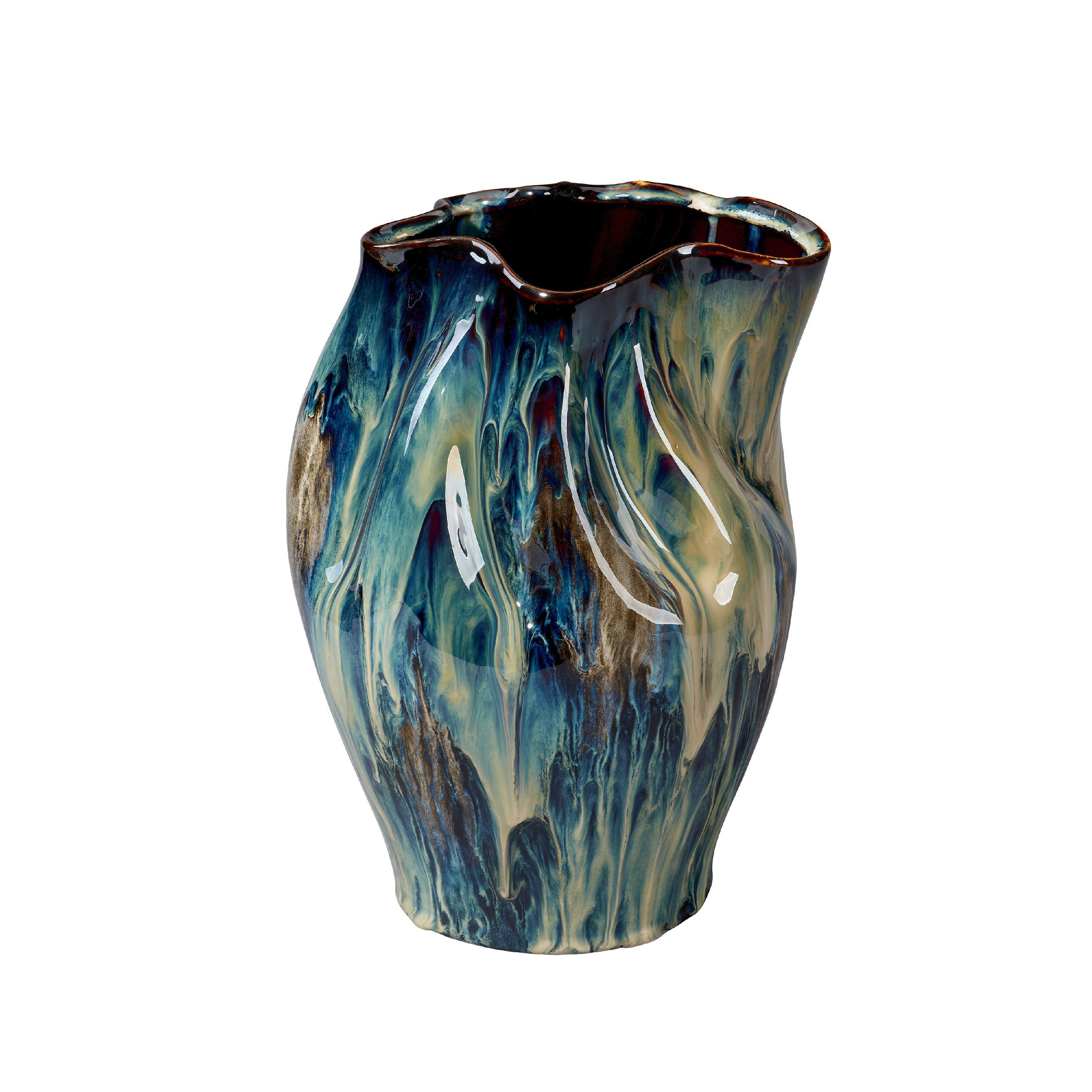 Benjara Fera Decorative Flower Vase, Ruffled Edge, 12 Inch Shiny Blue ...