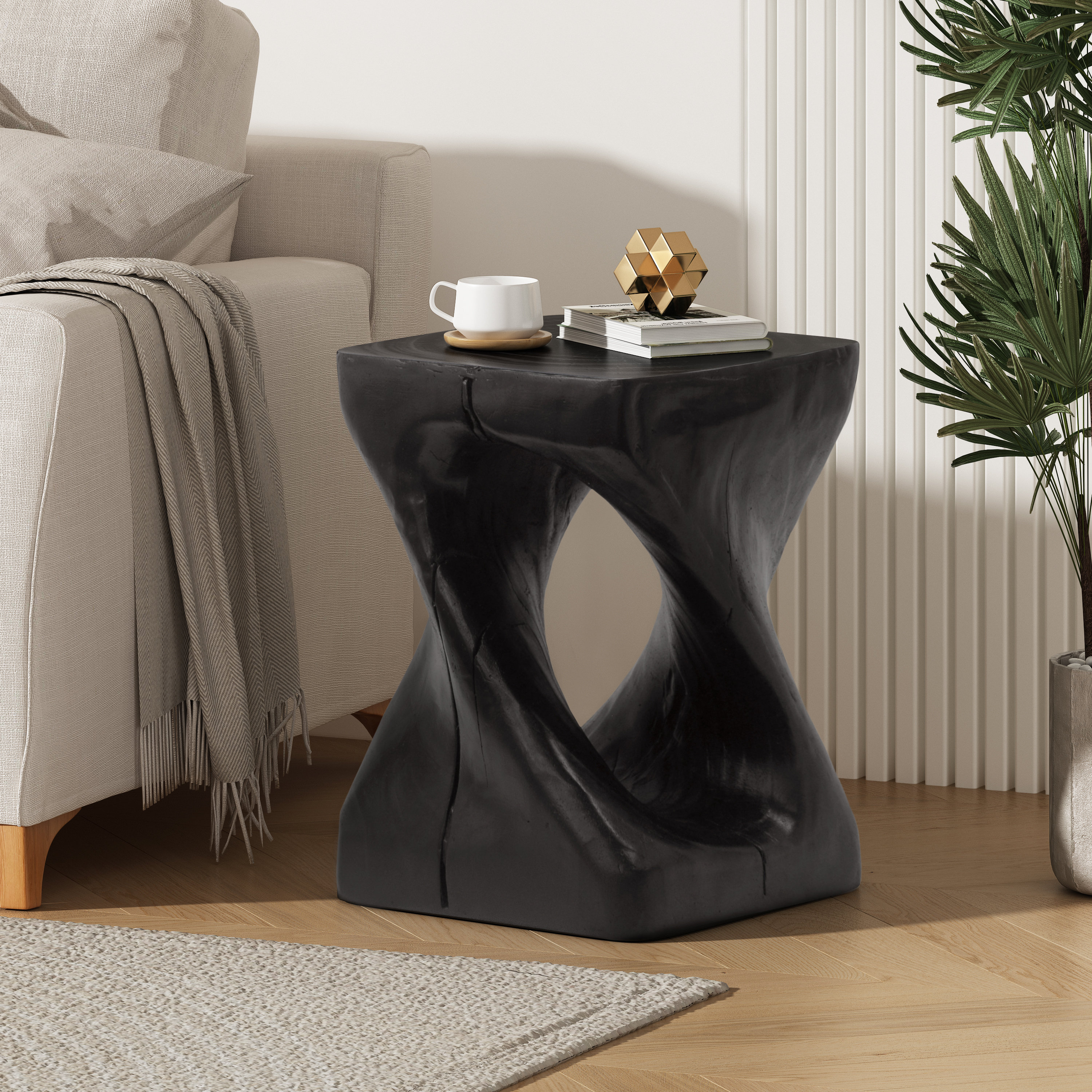 Wrought Studio™ MGO Twist Side Table - Sculptural Black Wood-Like Accent Table, Weather ...