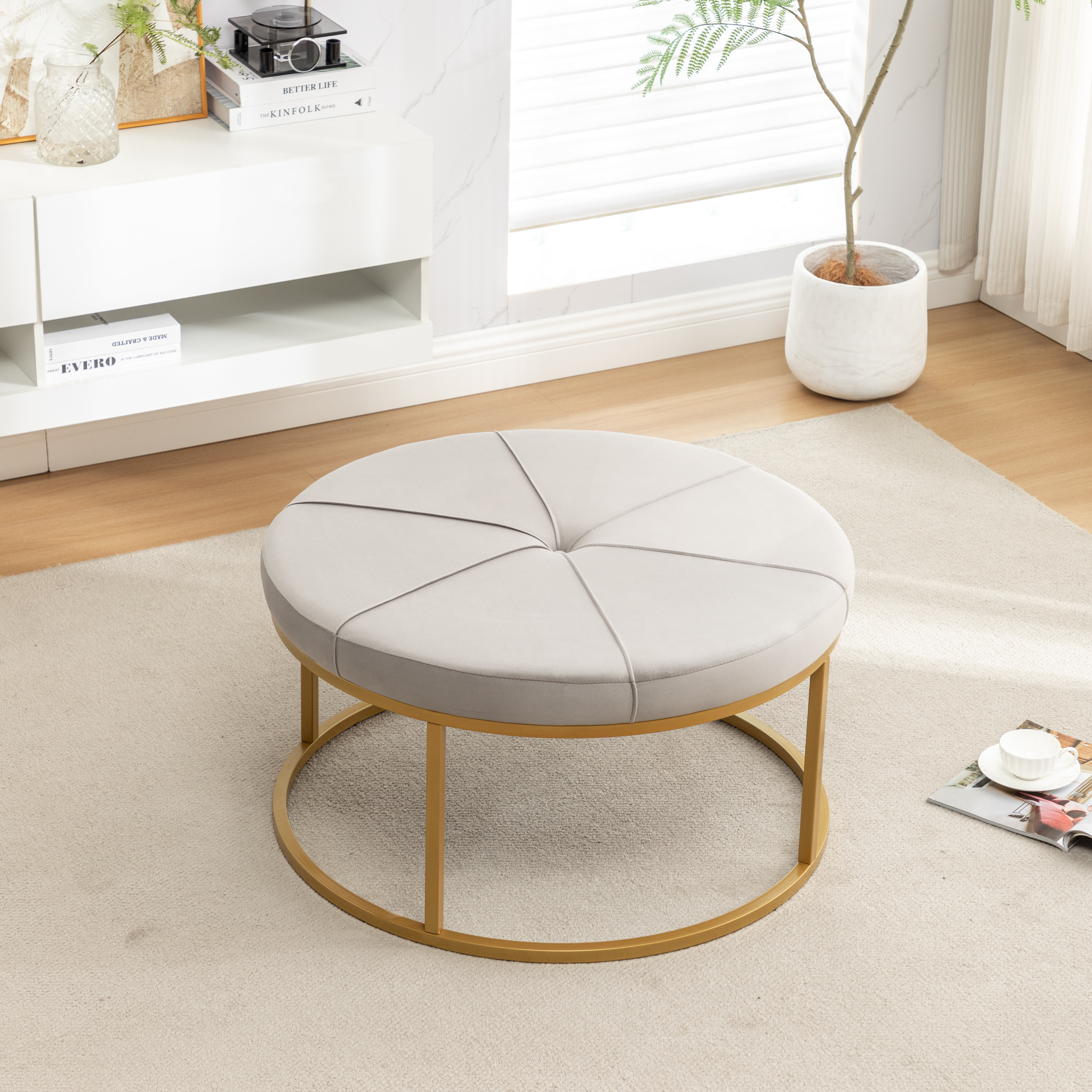 Mercer41 Malcomb Velvet Round Ottoman With Golden Metal Frame & Reviews ...
