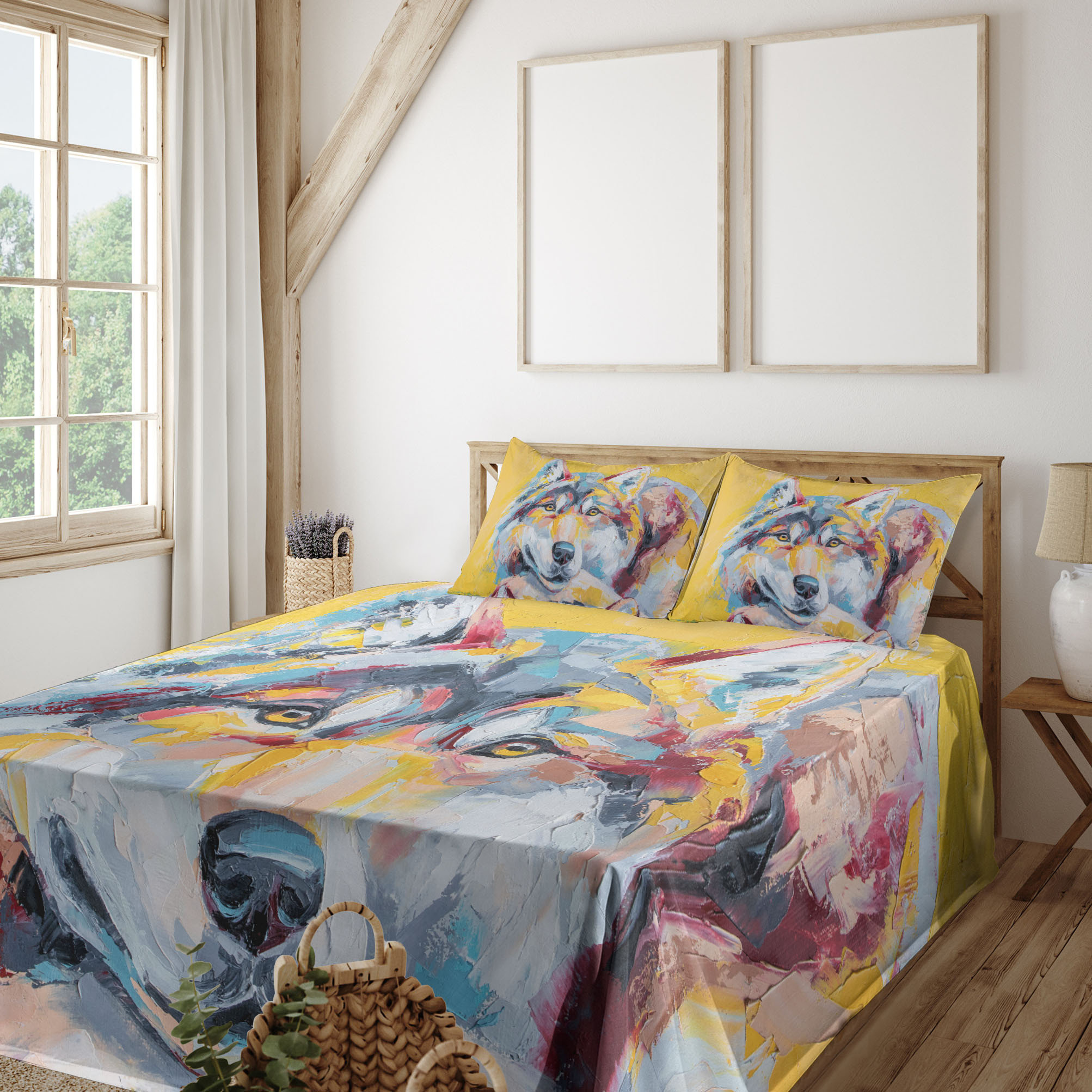 Ambesonne Wolf Sheet Set Happy Wild Animal Portrait Art Pale Orange Sky ...