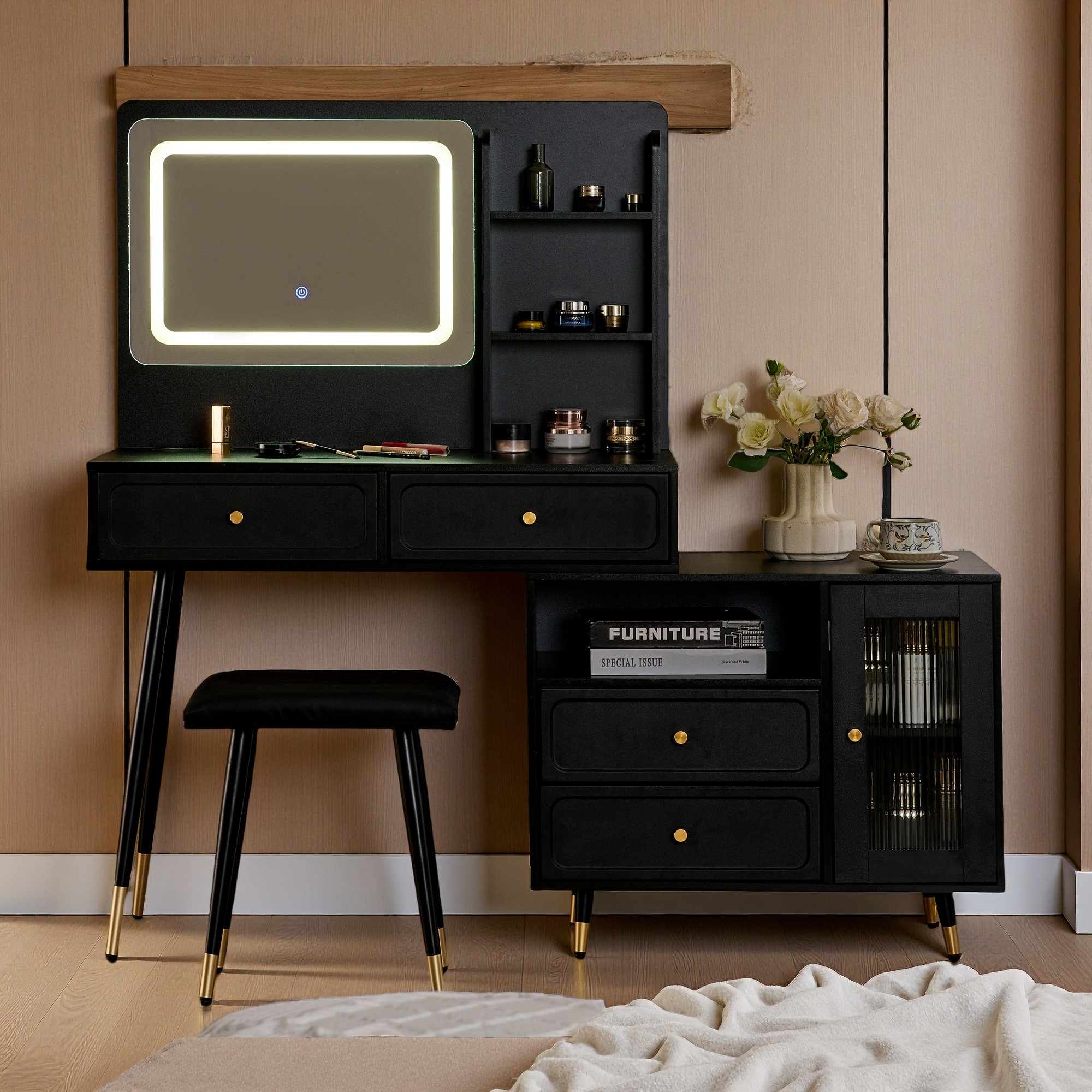 Ivy Bronx Modern Makeup Vanity Desk With Mirror And Lights, Retractable ...