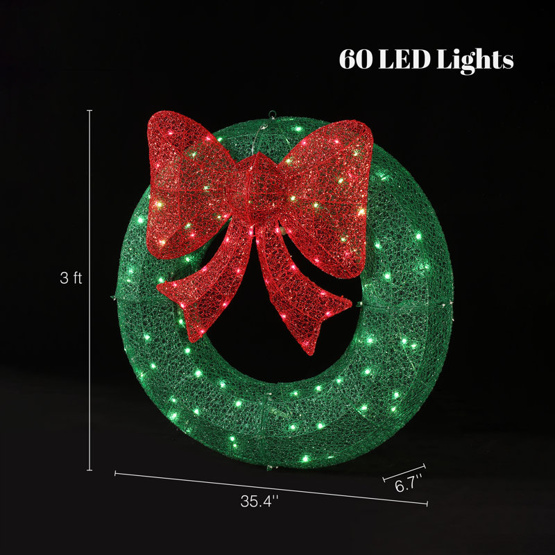 The Holiday Aisle® 3Ft Round Lighted Green Wreath with Red Bow Outdoor ...