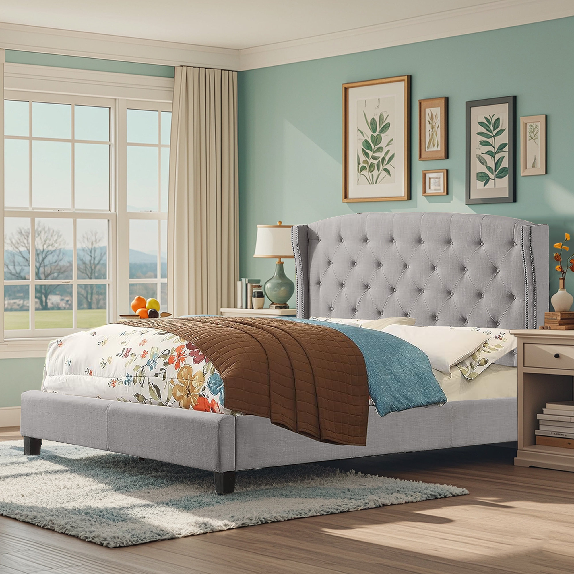 Lark Manor Upholstered Wingback Platform Bed, Bed Frame with Nailhead ...