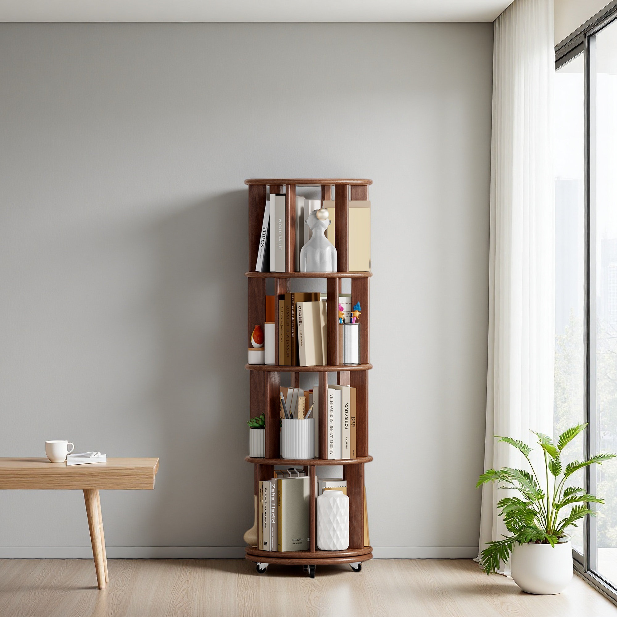 Latitude Run® Solid Wood Rotating Bookshelf On Wheels, Round Revolving ...