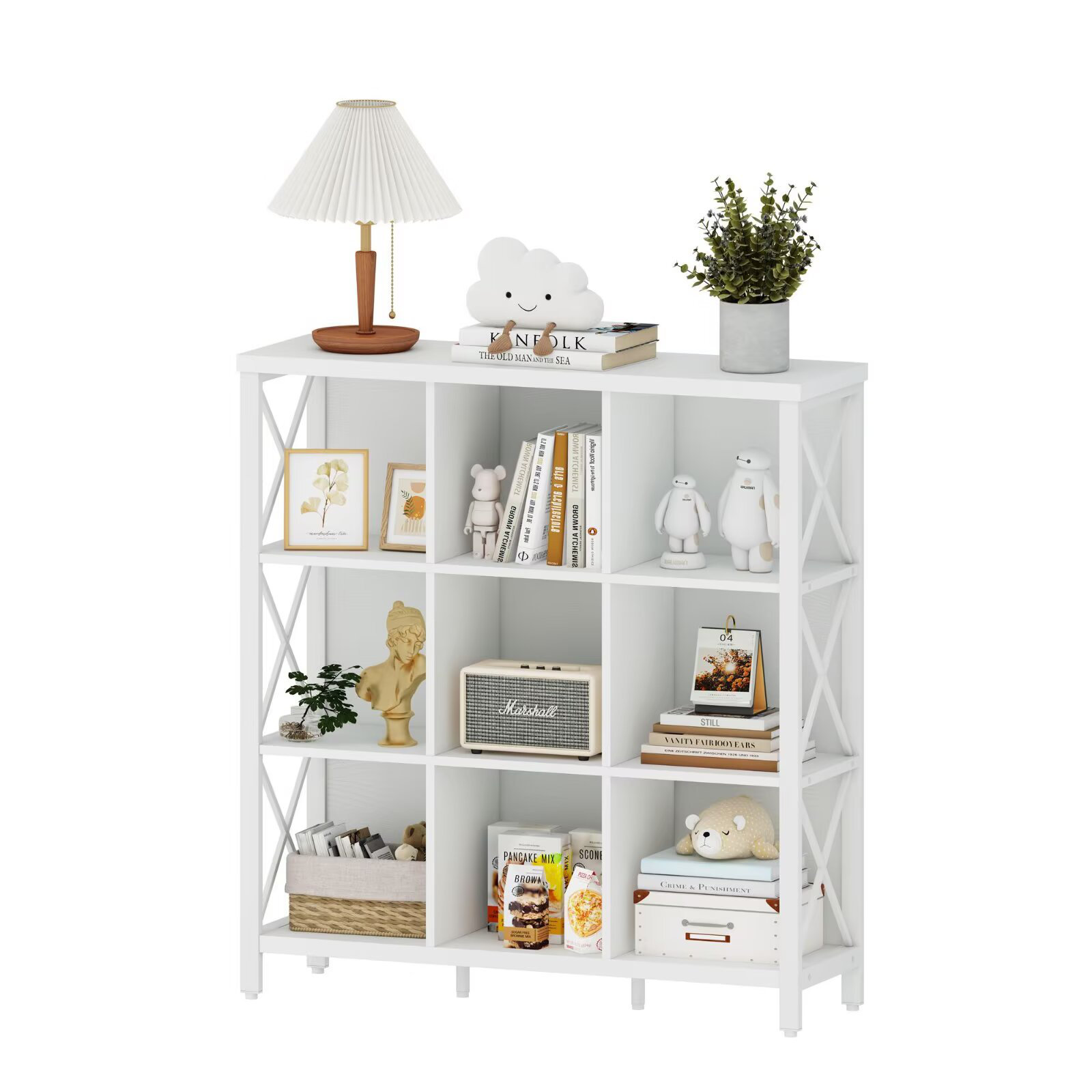 Gracie Oaks Rustic 3X3 Cube Bookcase, Wood And Metal 9 Cubby Storage ...