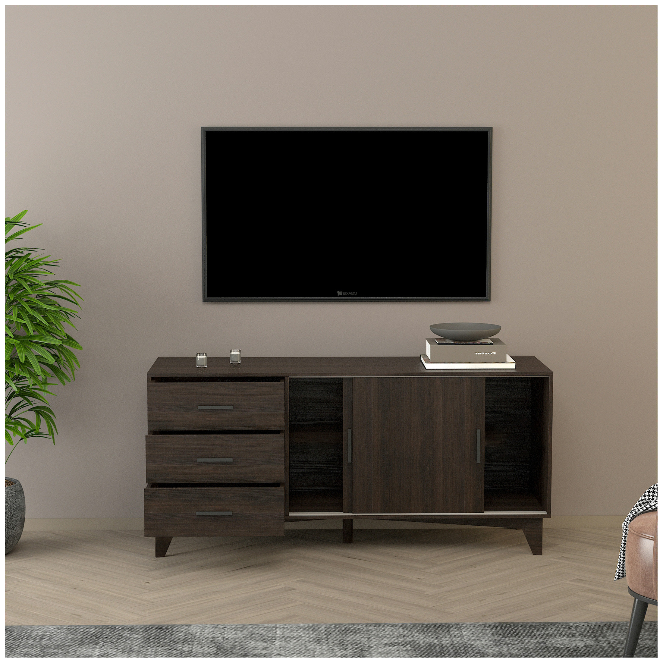 Taroo Clocks Parker TV Stand with Sliding Doors and Drawers in Dark ...