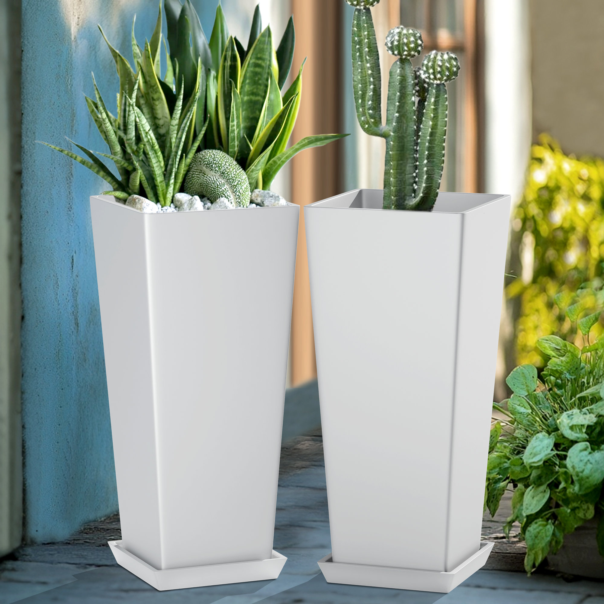 Ebern Designs 24'' H Planters, Large Tall Planters with Saucers, Large ...