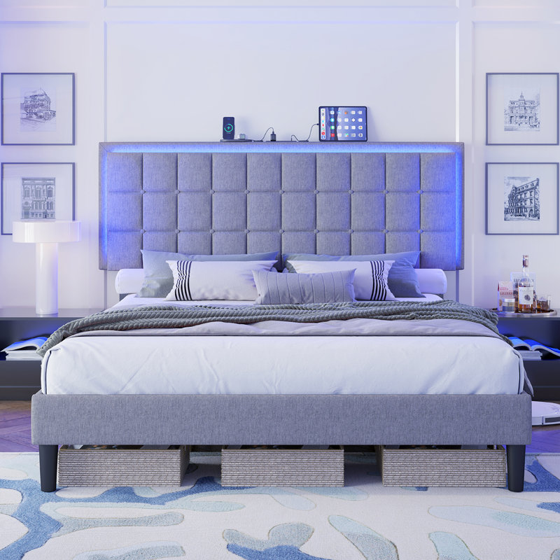 Wade Logan® Berdean Button Tufted Platform Bed Frame with LED Lights ...