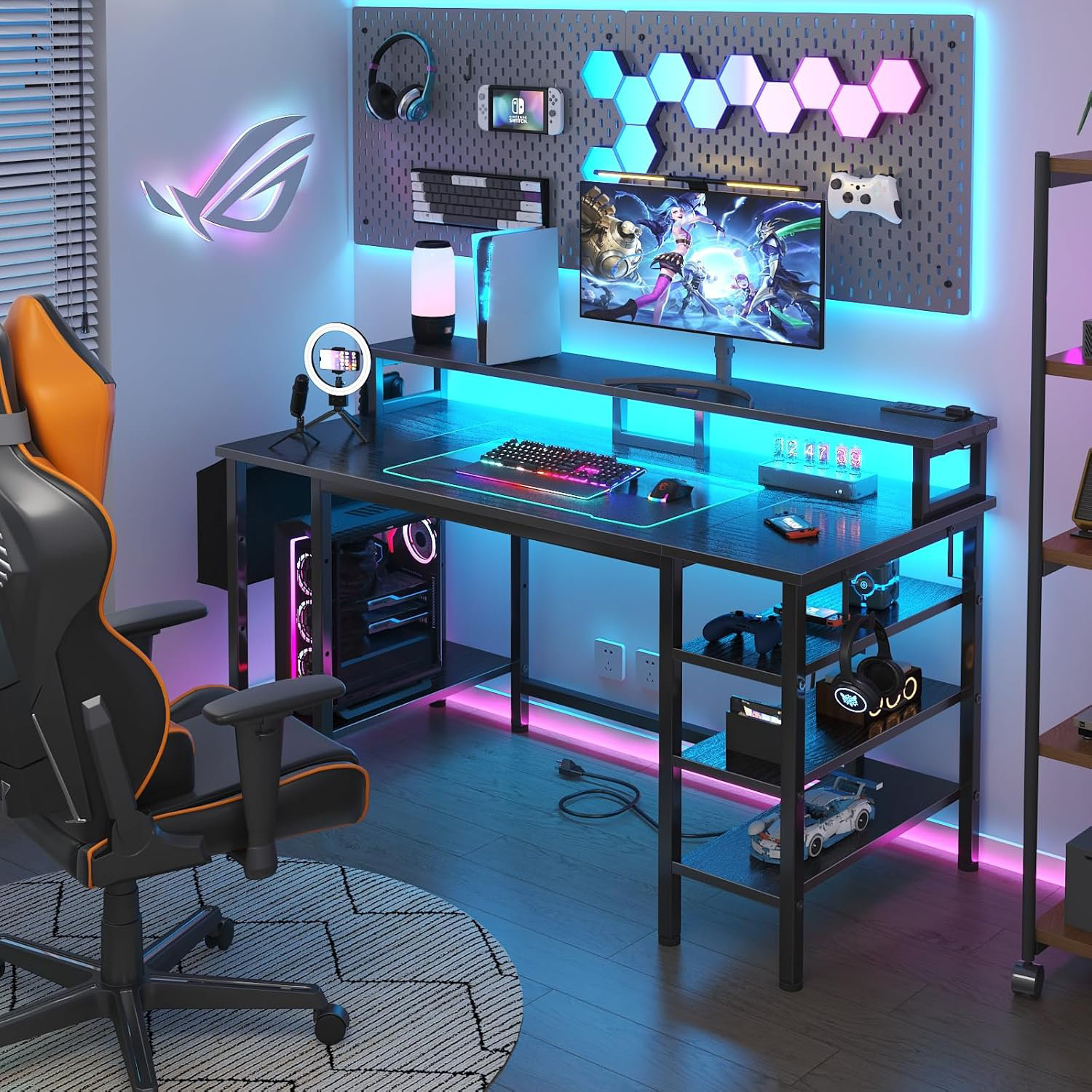 Ivy Bronx Gaming Desk with LED Lights and Storage Shelves, 47 inch ...