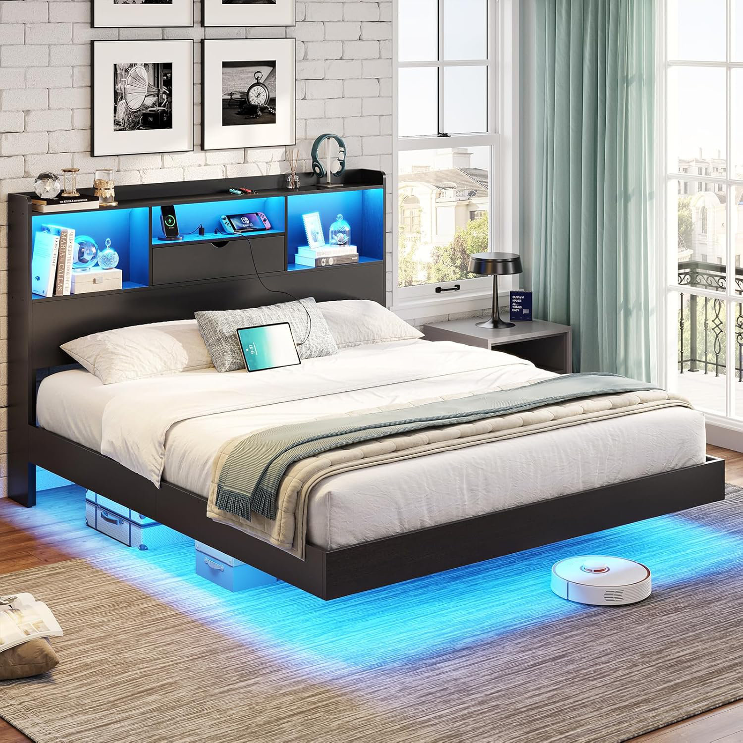 Ivy Bronx Queen Floating Bed Frame With Led Lights And Headboard ...