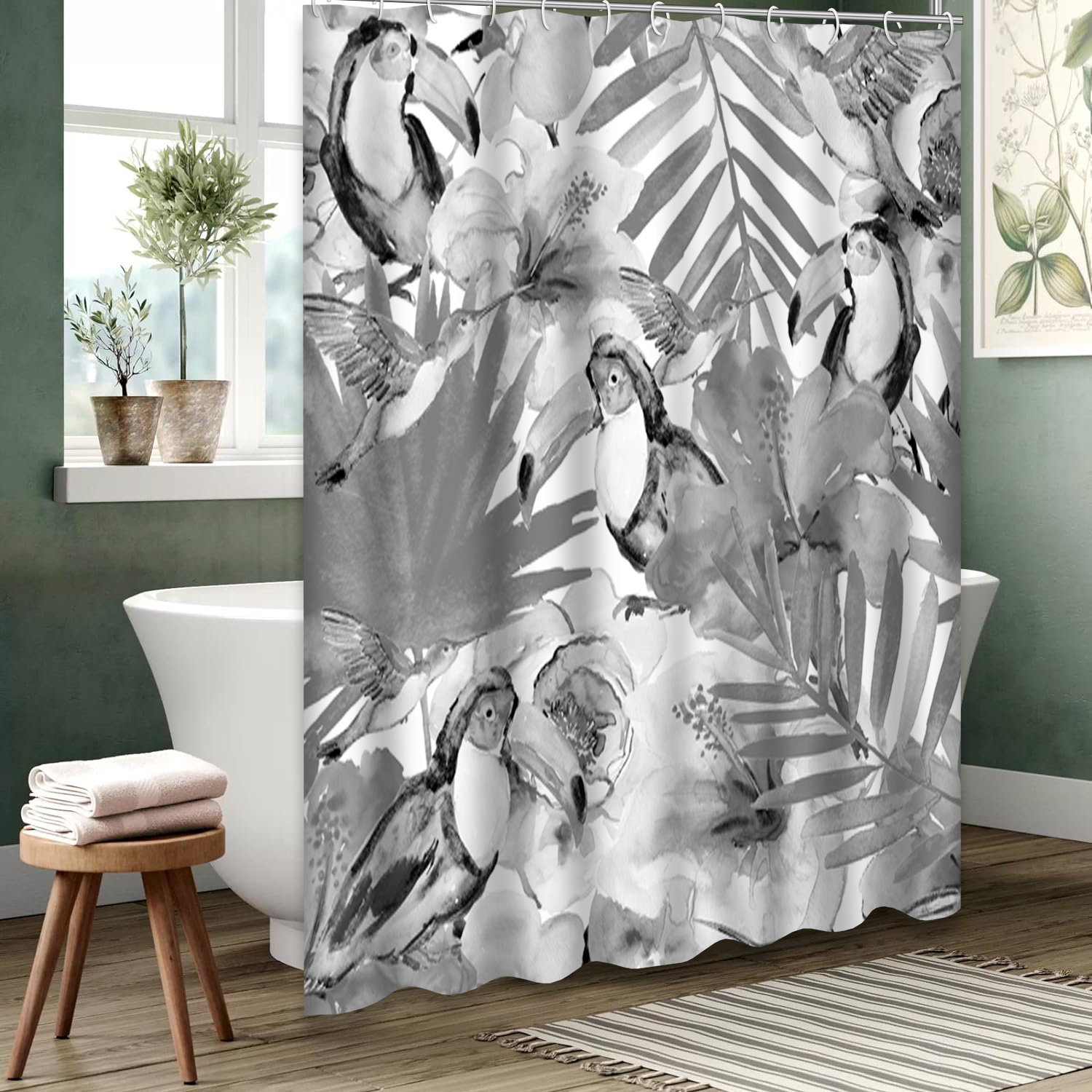 East Urban Home Black White Waterproof Shower Curtain Exotic Bird Toucan Tropical Flowers ...