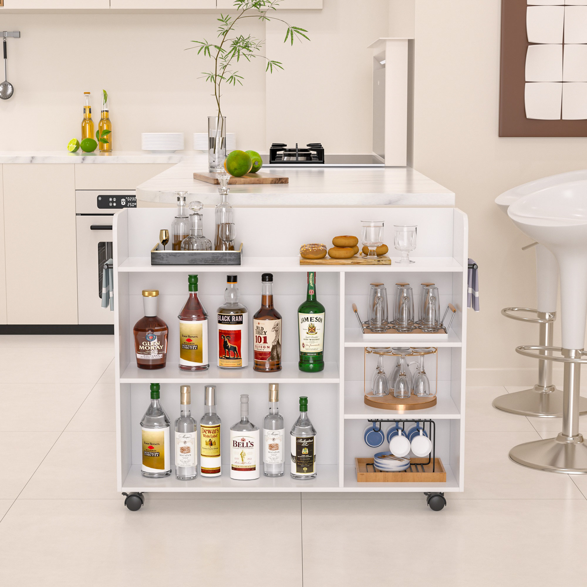 Ebern Designs White Rolling Kitchen Island Cart Irregular Storage Grid ...