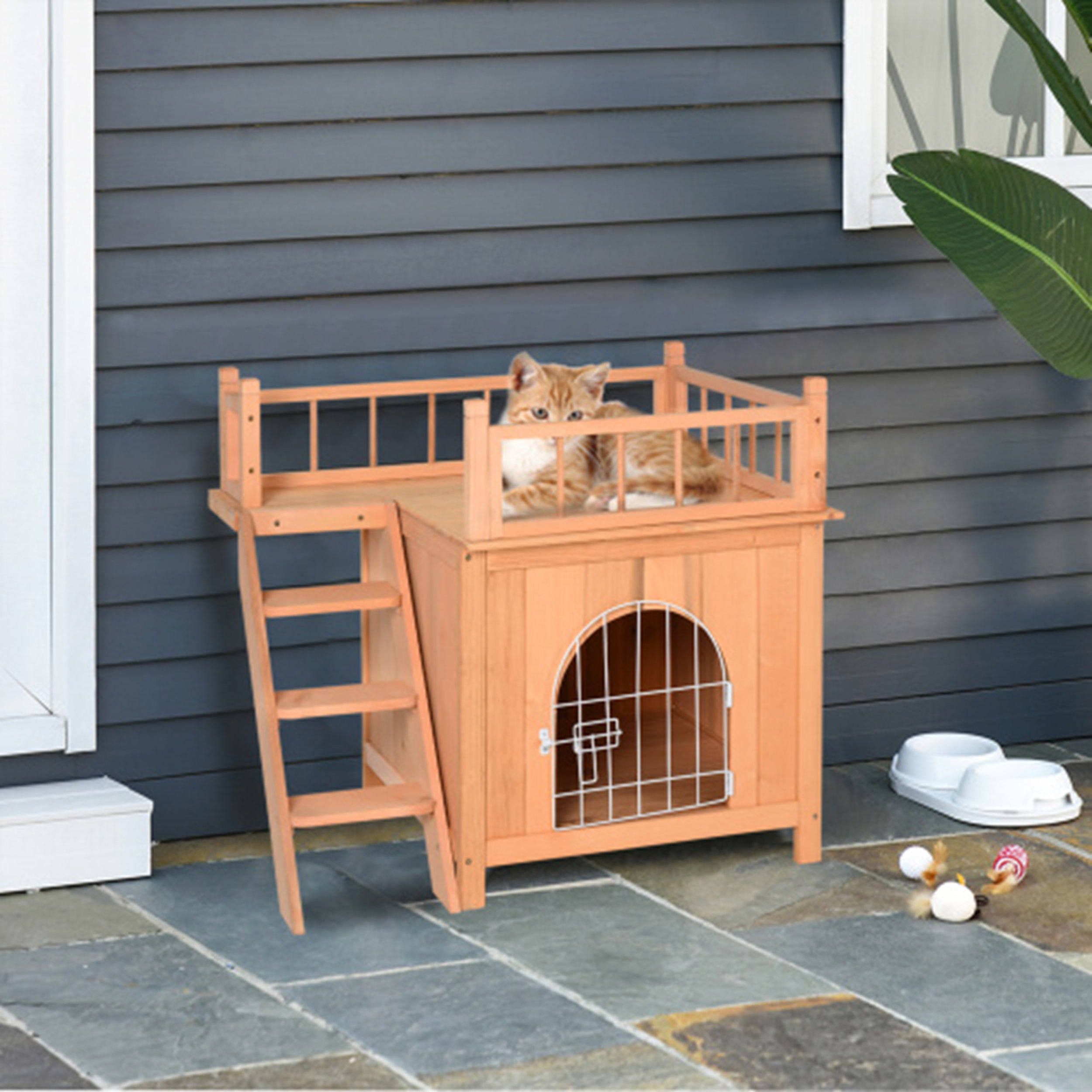 Archie & Oscar™ PawHut Natural Wood 2-Level Wooden Cat House - Outdoor ...