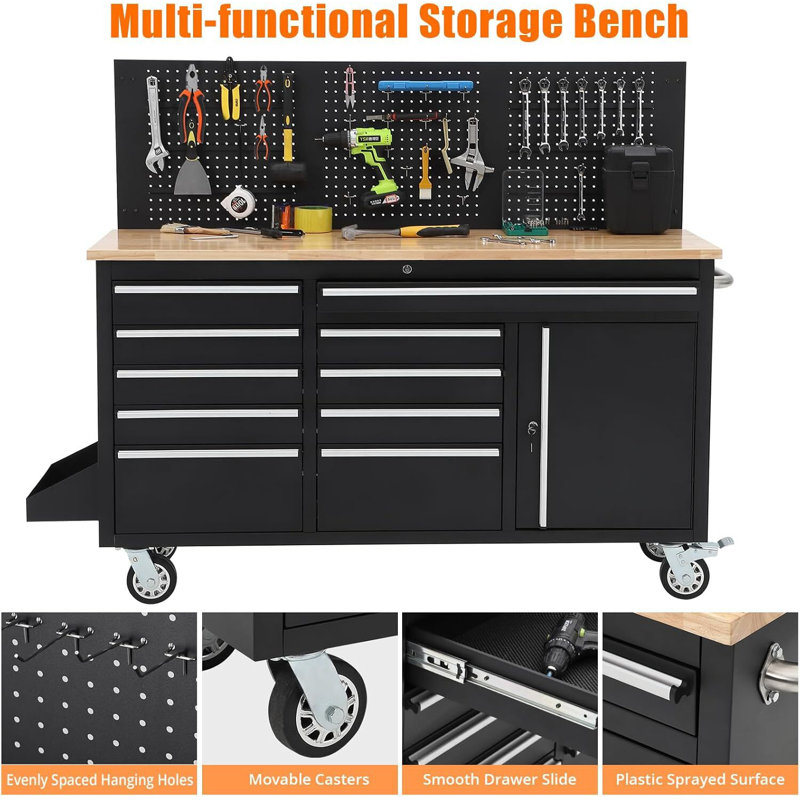 Zstar Workbench, 61In Heavy Duty Rolling Cabinet Workbench With Solid ...