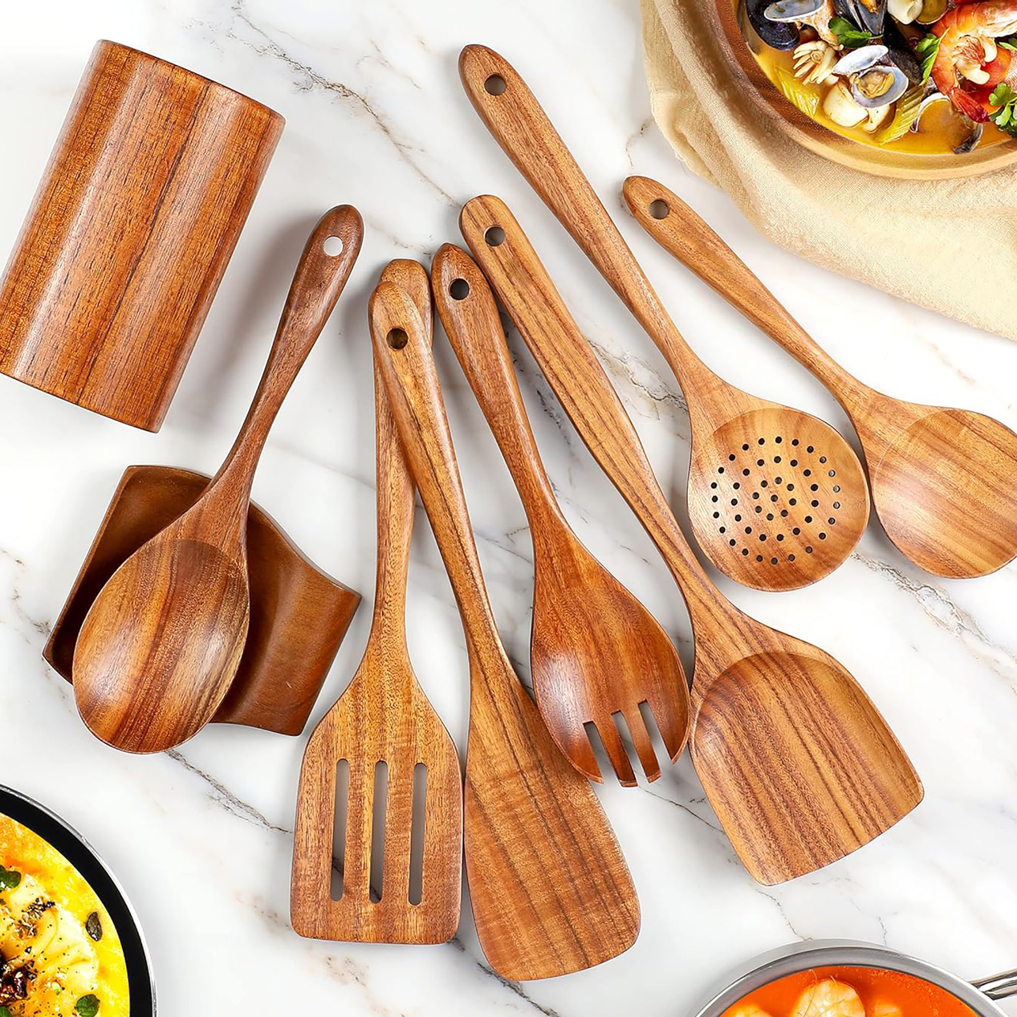 COSFUR 9 - Piece Natural Teak Wooden Kitchen Utensil Set: Comfort Grip ...