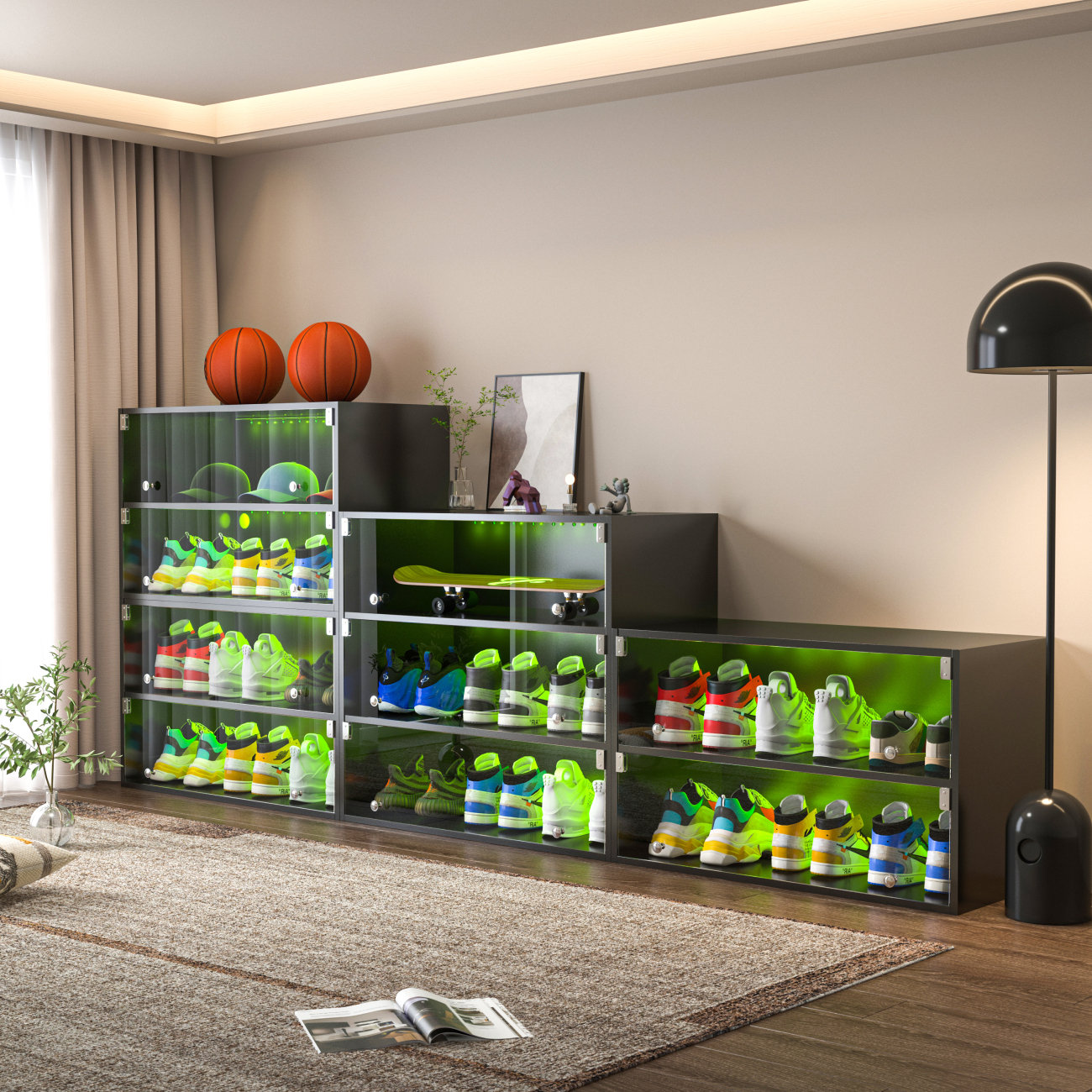 Wrought Studio™ Black Glass Door Shoe Box Shoe Storage Cabinet For ...