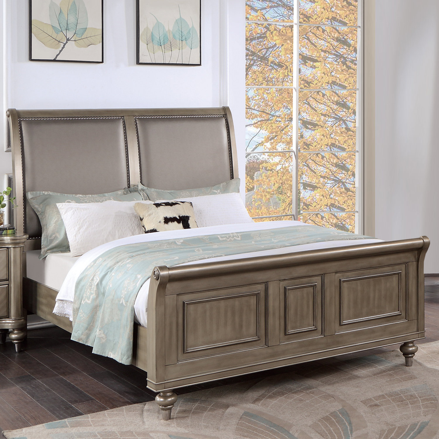 Canora Grey Wooden Eastern Bed With Upholstered Headboard In Antique ...