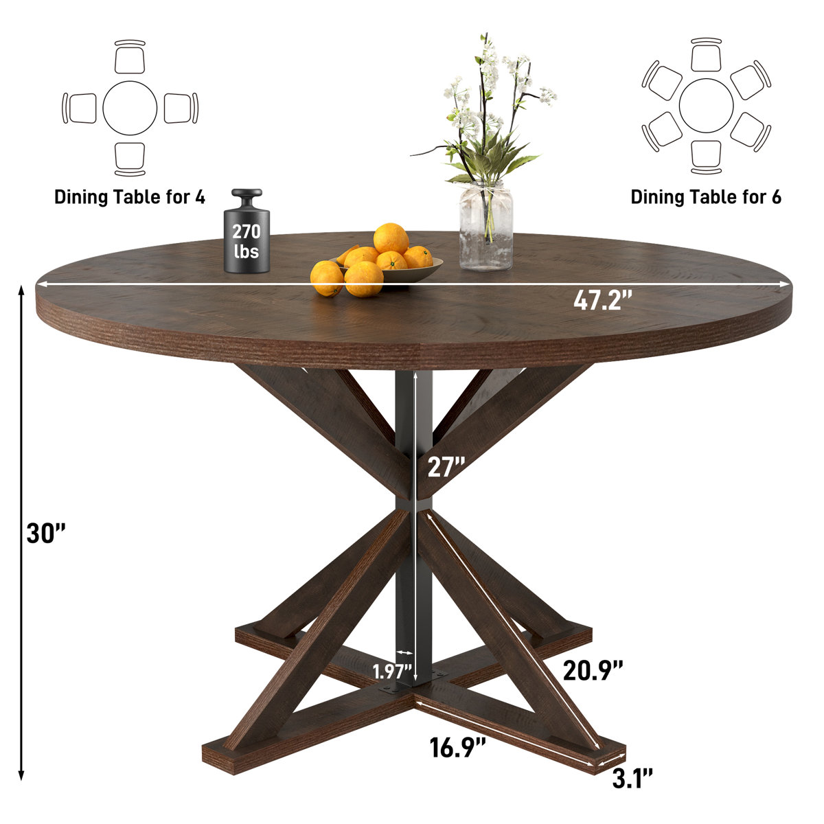Ophelia & Co. 47" Round Dining Table For 4 - Farmhouse Wooden Kitchen ...