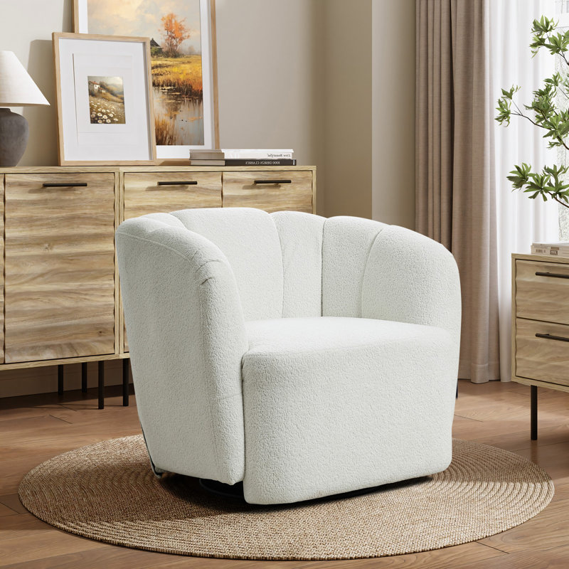 Brayden Studio® Modern Upholstered Ivory Boucle Swivel Barrel Accent ...