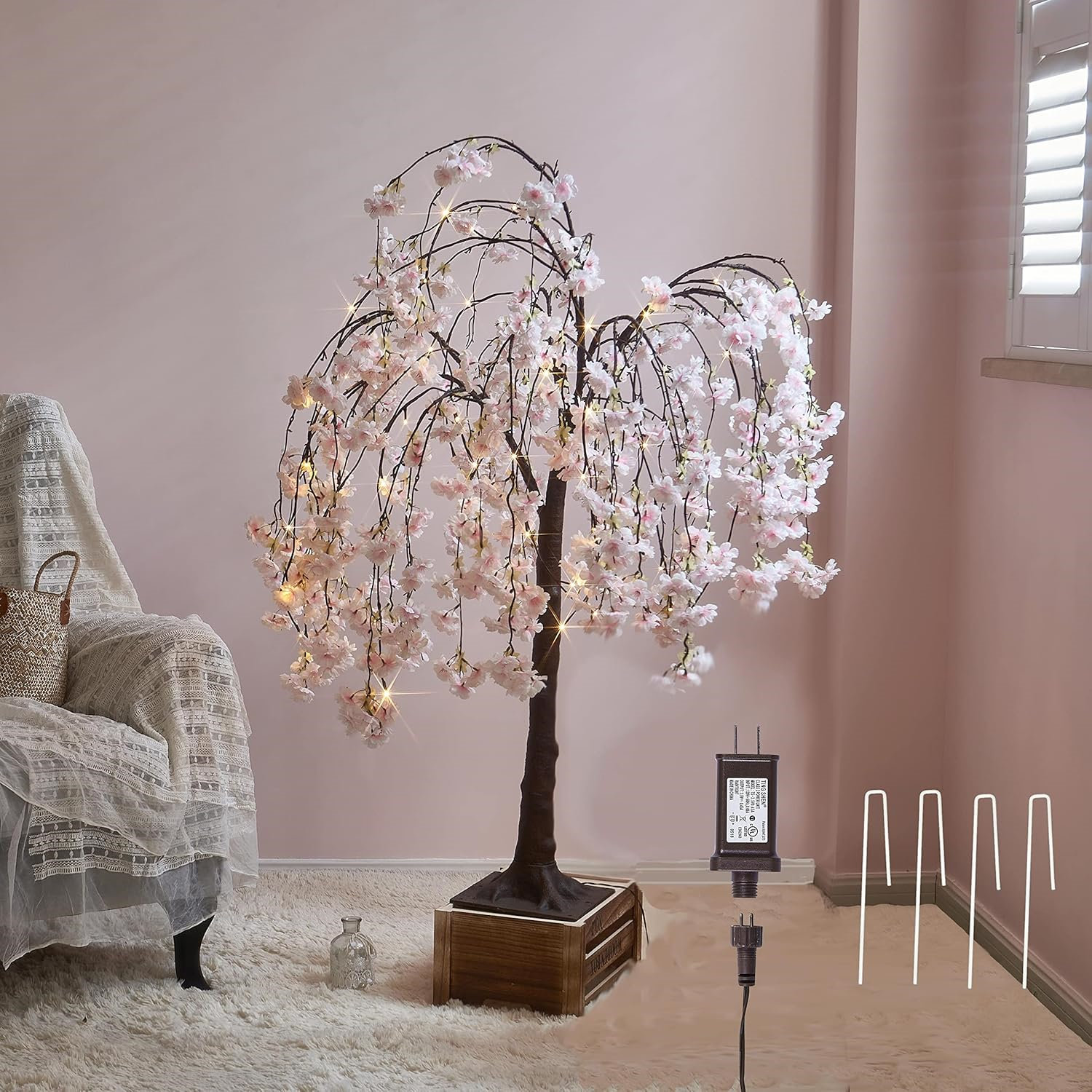 Primrue 4FT Lighted Tree With Cherry Blossom,180 Fairy Lights,Prelit ...