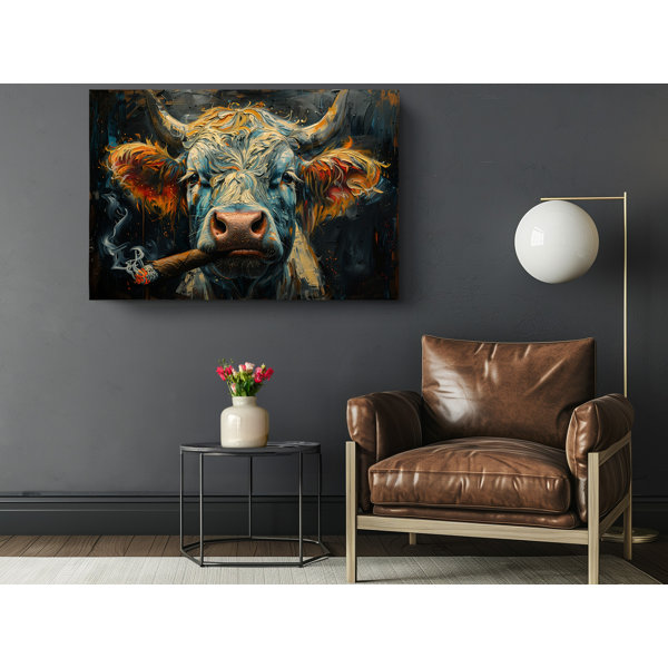 Trinx Cow Smoking Cigar Canvas Print, Modern Wall Art Decor for Home ...