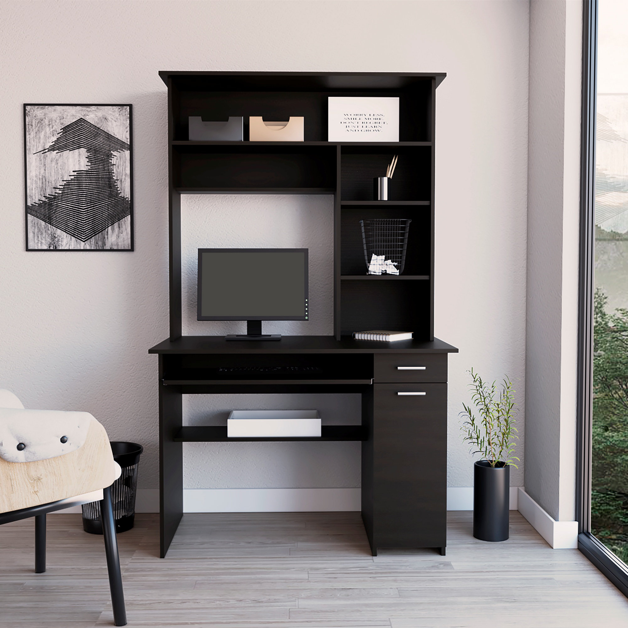 Latitude Run® Computer Hutch Desk, Keyboard Tray, Door Panel For CPU ...