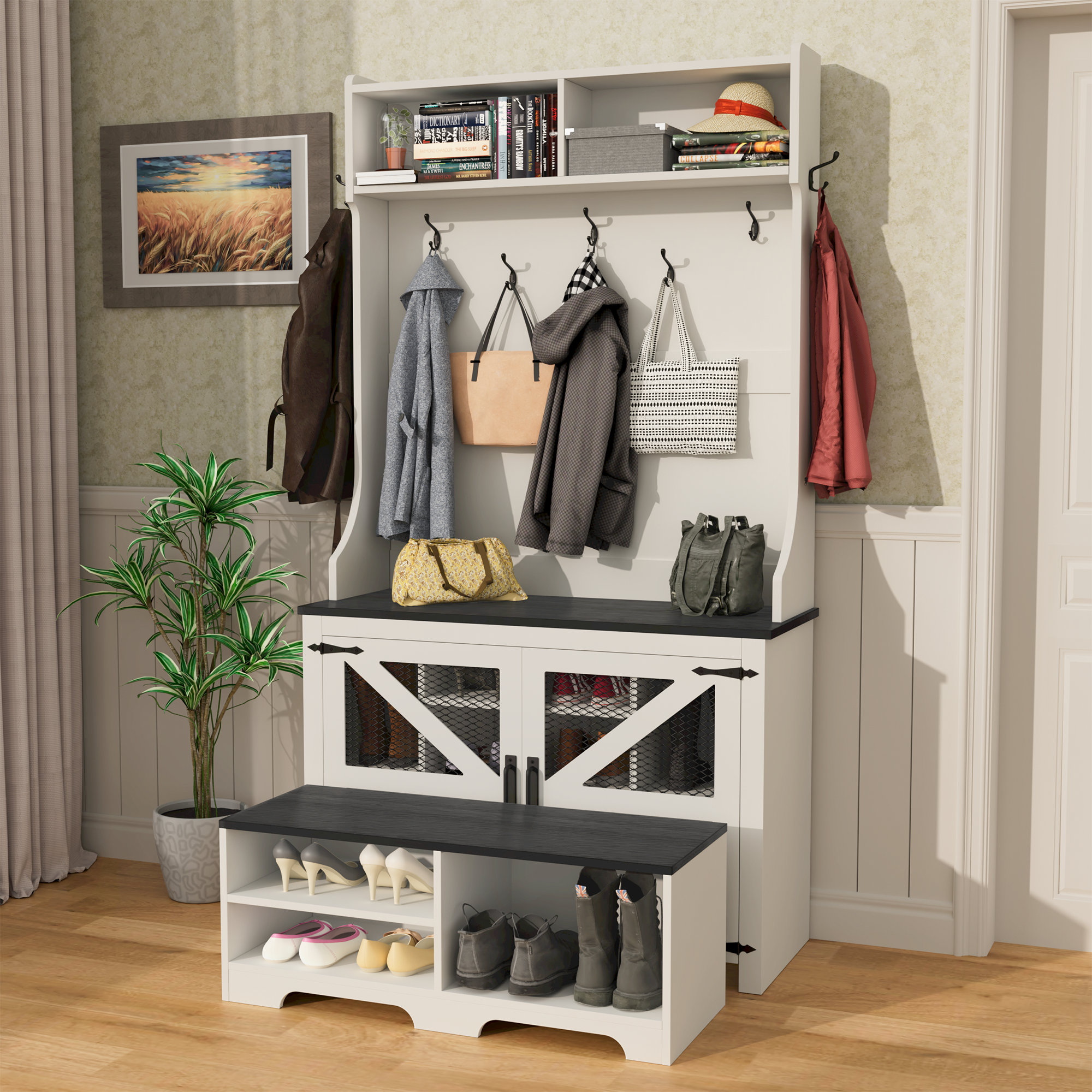 August Grove® 77 Inches Hall Tree, Modern Hall Tree with Bench, Coat ...