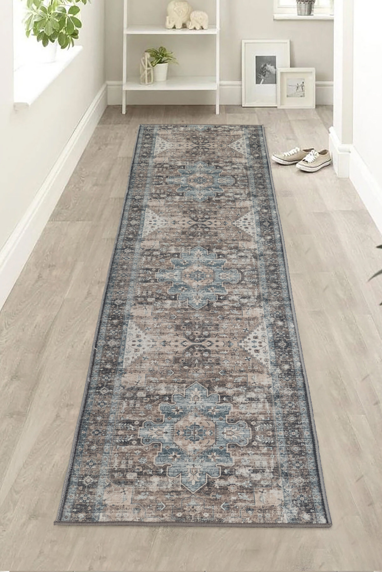 Langley Street® Washable Anti Slip Low Profile Oriental Blue Distressed ...