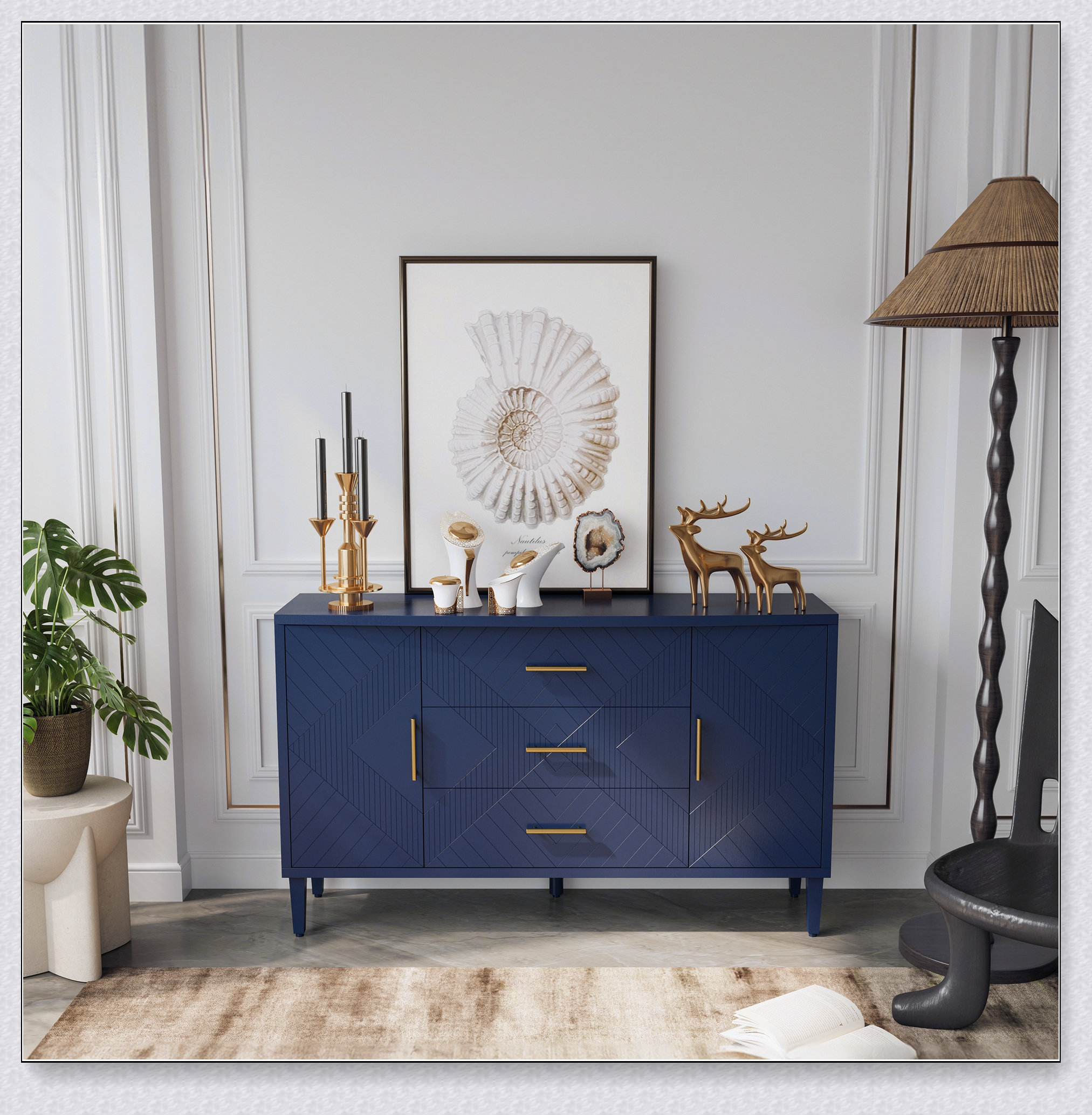Everly Quinn 2-Door 3-Drawer Cabinet with Carved Effect, for Bedroom ...