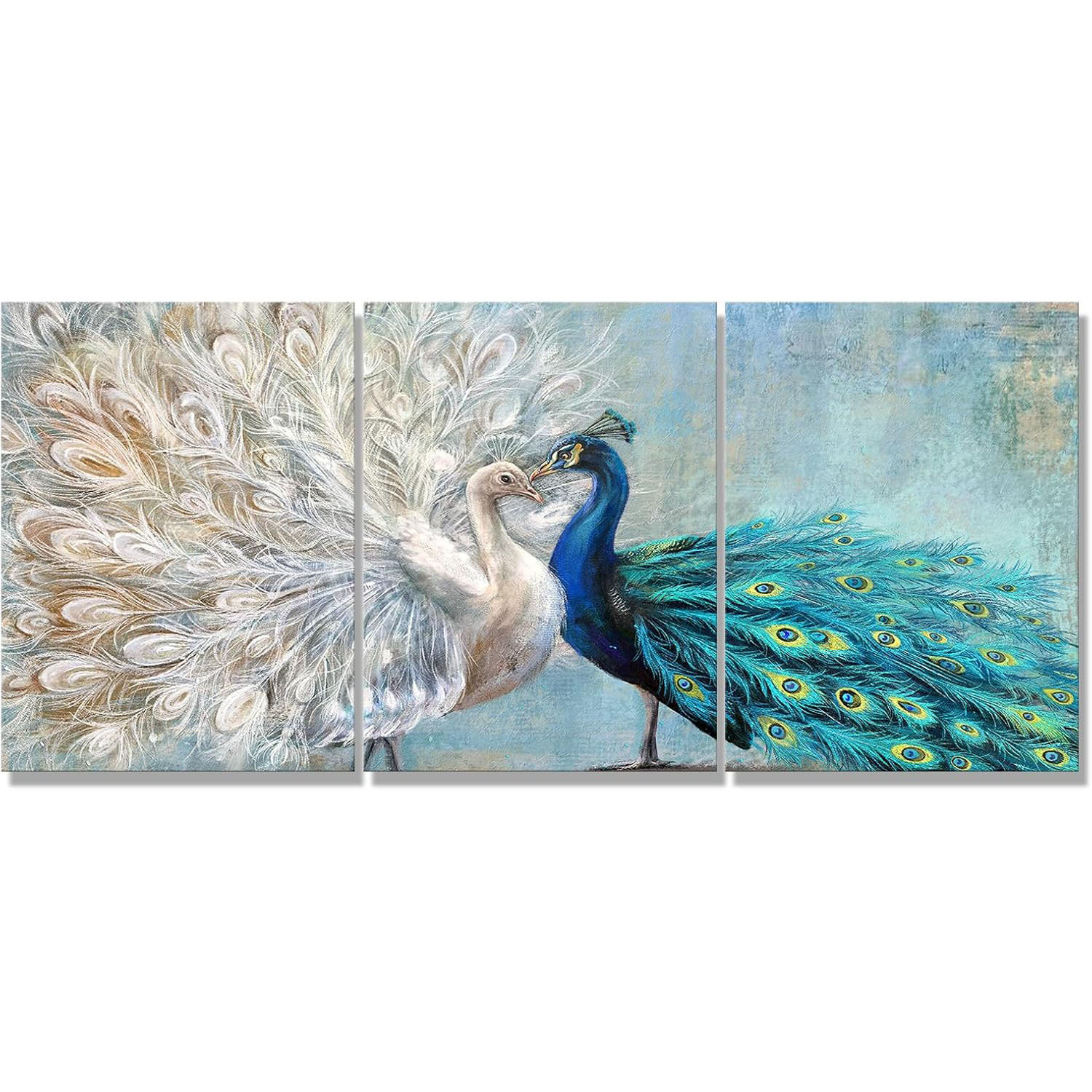 Bungalow Rose 3 Piece Peacock Canvas Wall Art Vintage Blue Peacock ...