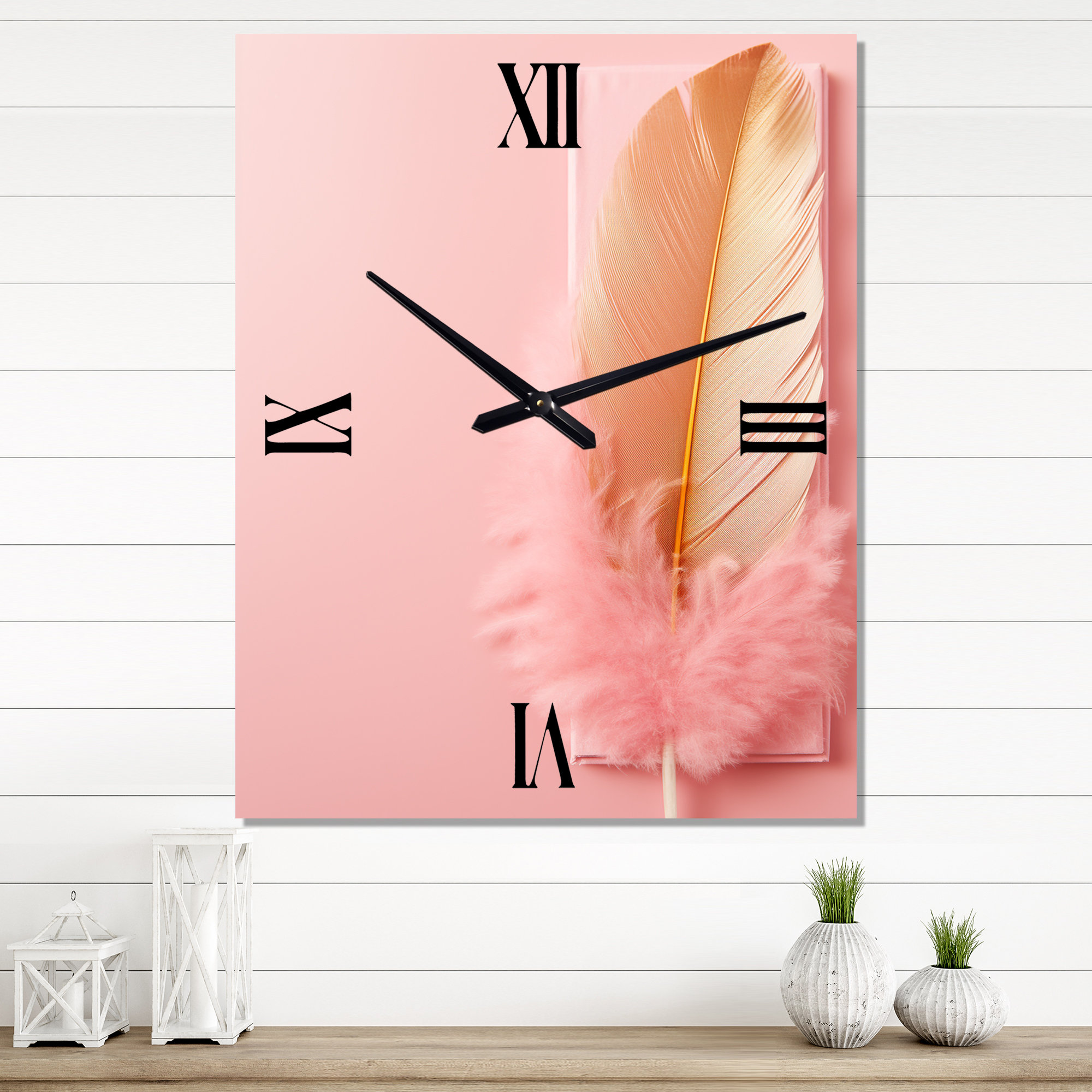 Design Art Boho Glam Pink Feather Elegance - Feathers Wall Clock ...