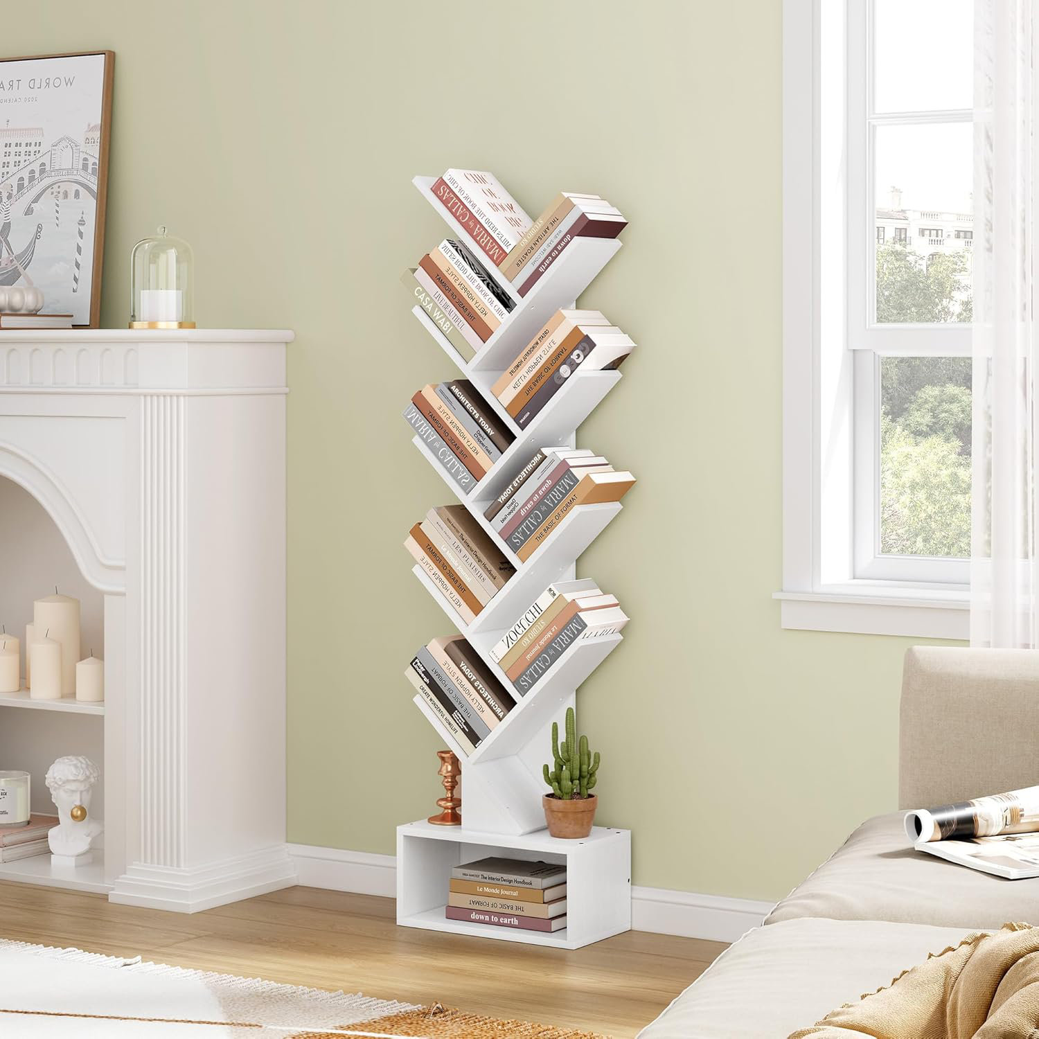 Latitude Run® 9-Tier Tree Bookshelf With Drawer, Tall Modern Wooden ...