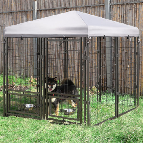Veikous Outdoor Dog Kennel with Rotating Feeding Door, Stainless Bowls ...