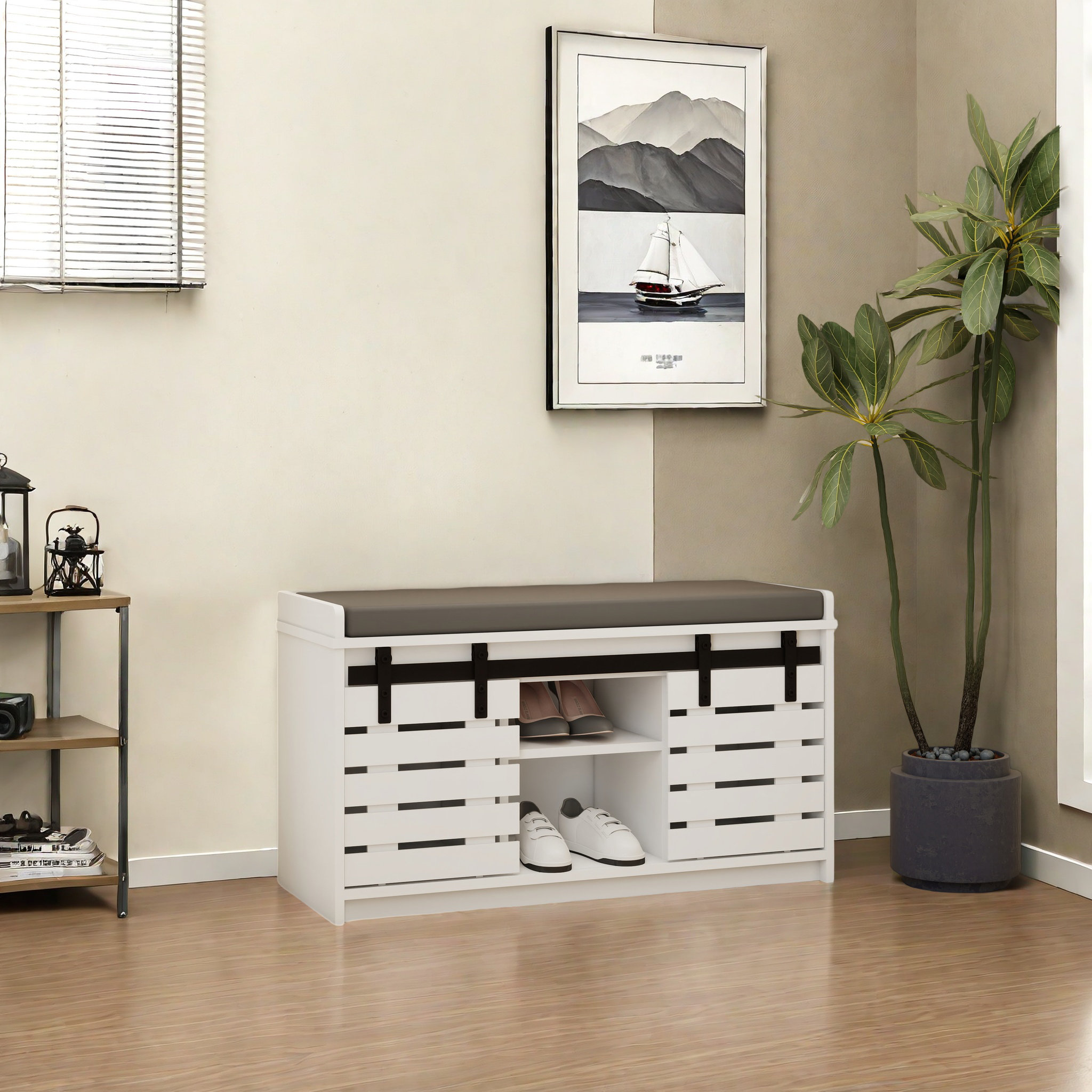 Gracie Oaks Shoe Storage Bench With Sliding Barn Doors, 2-Tier White ...